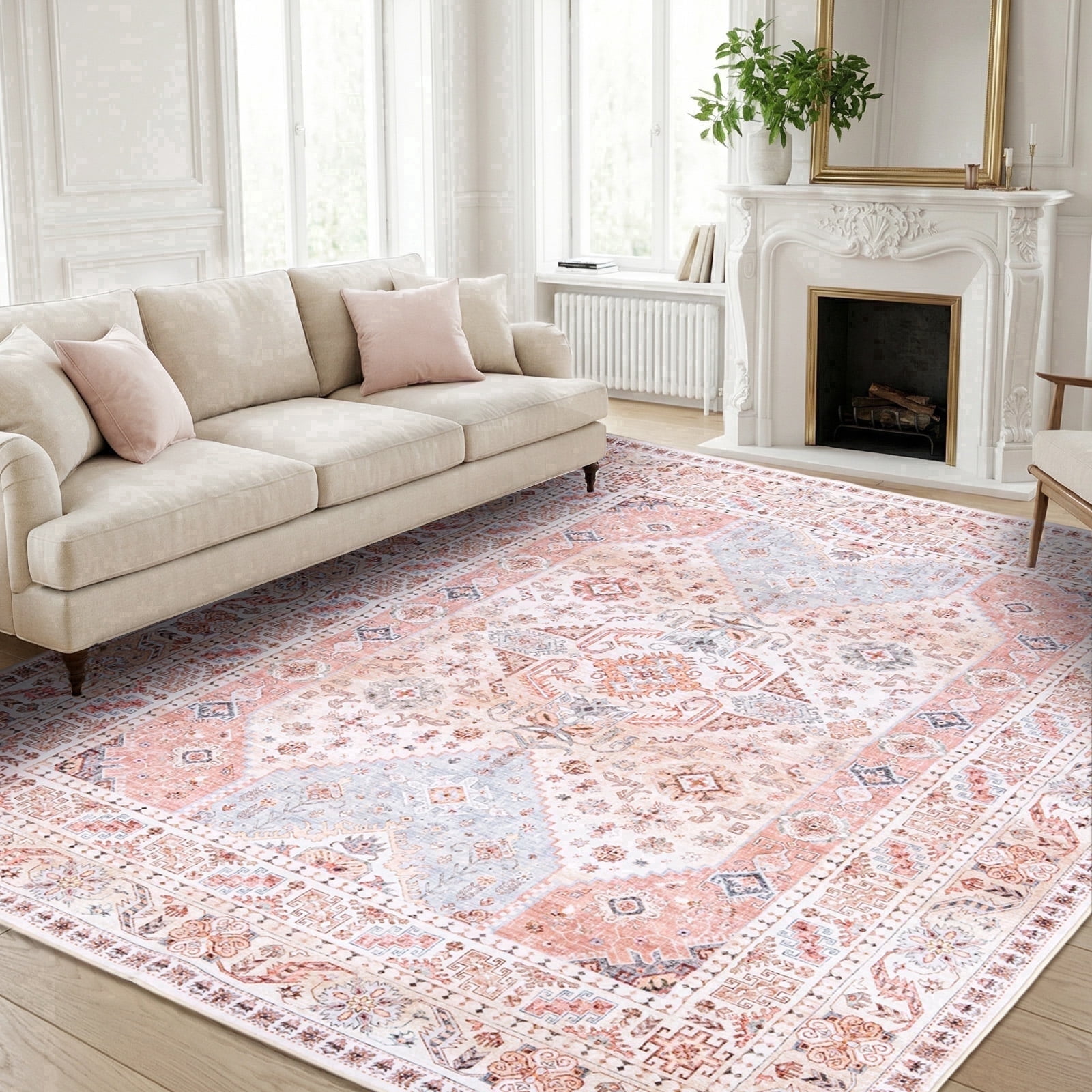 Wondiair 8x10 Cream Vintage Persian Area Rug, Machine Washable Non-Slip ...