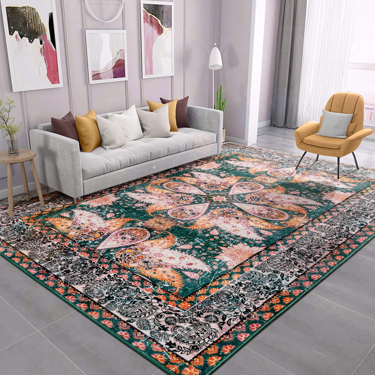 Wondo 4x6 Area Rugs for Living Room, Machine Washable Vintage Rug, Non ...