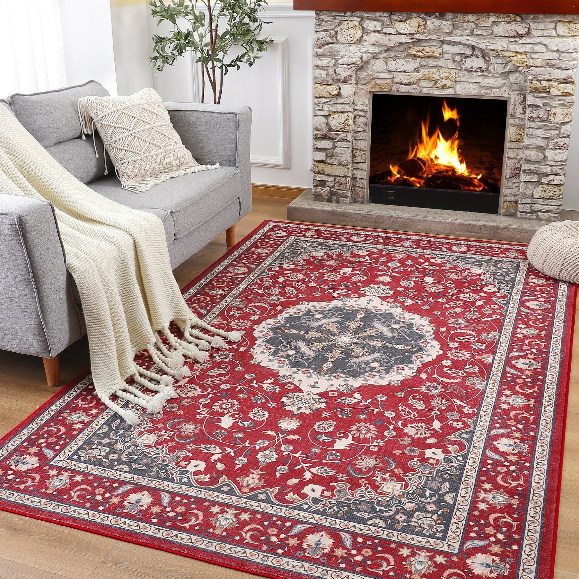 Wondo Bohemian Machine Washable Area Rug for Living Room, Red, 8' x 10 ...
