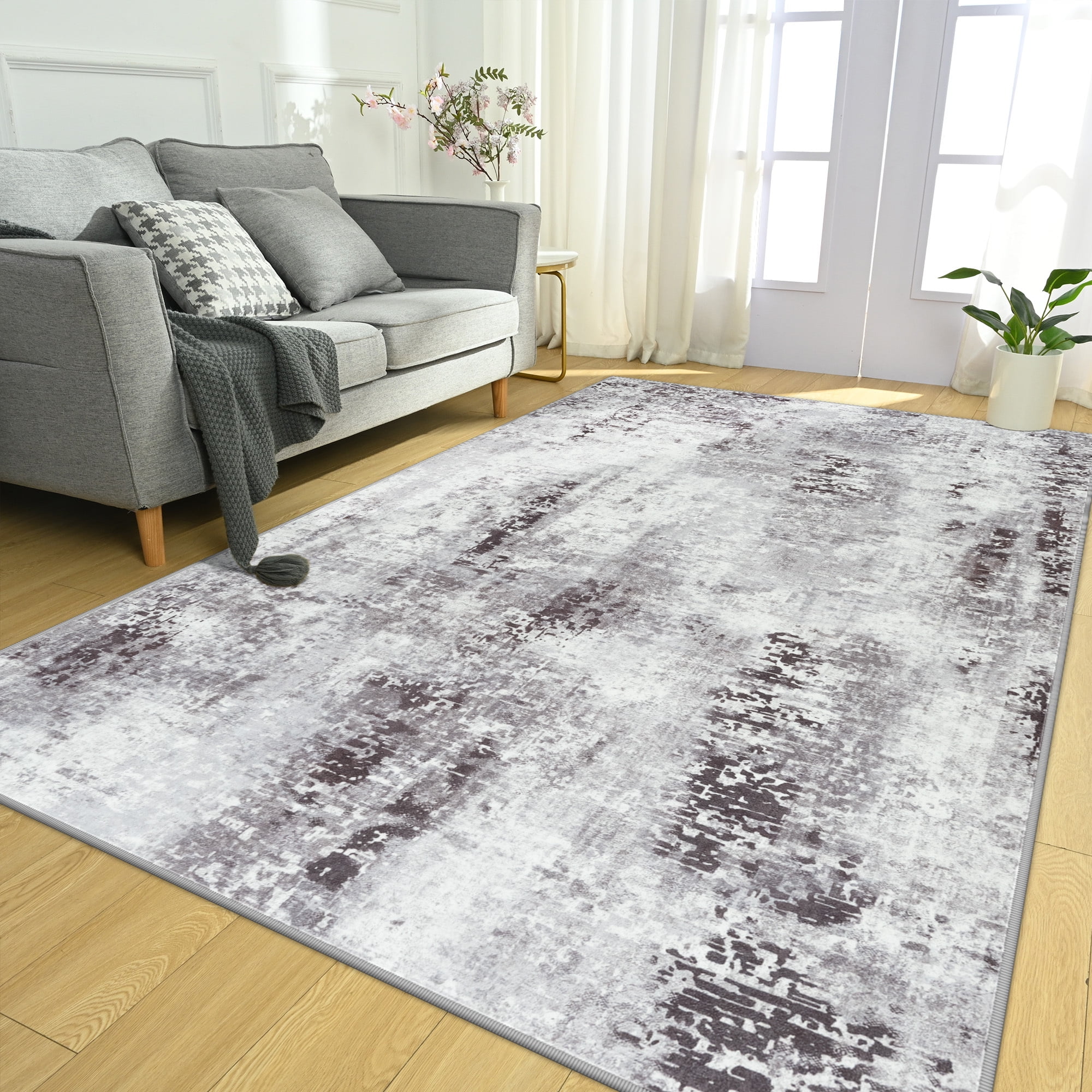 Wondo Washable Abstract Area Rug, 9x11 Gray and Black Modern Living ...