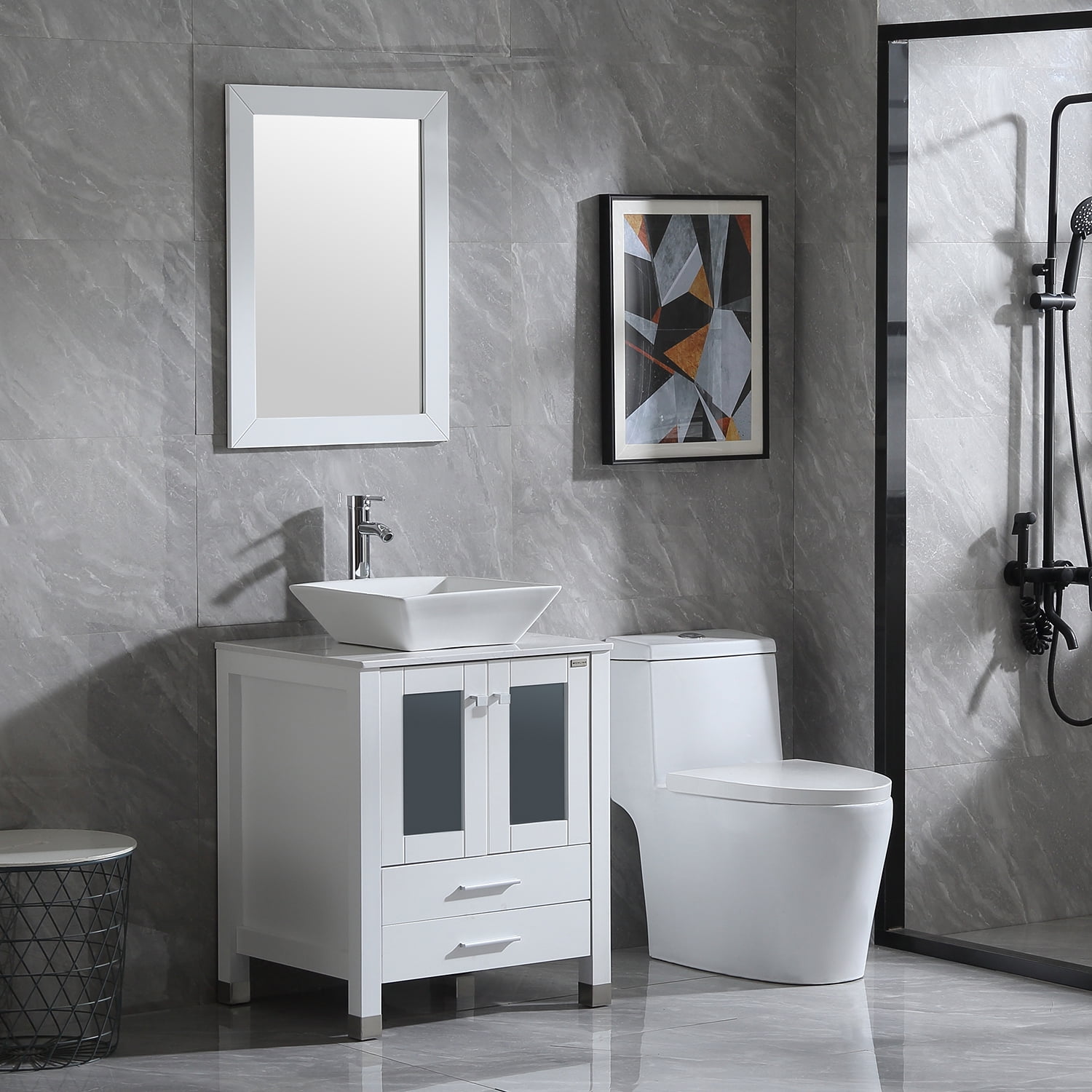Wonline 24" Bathroom Vanity White Cabinet w/Glass Top/Mirror - Walmart.com
