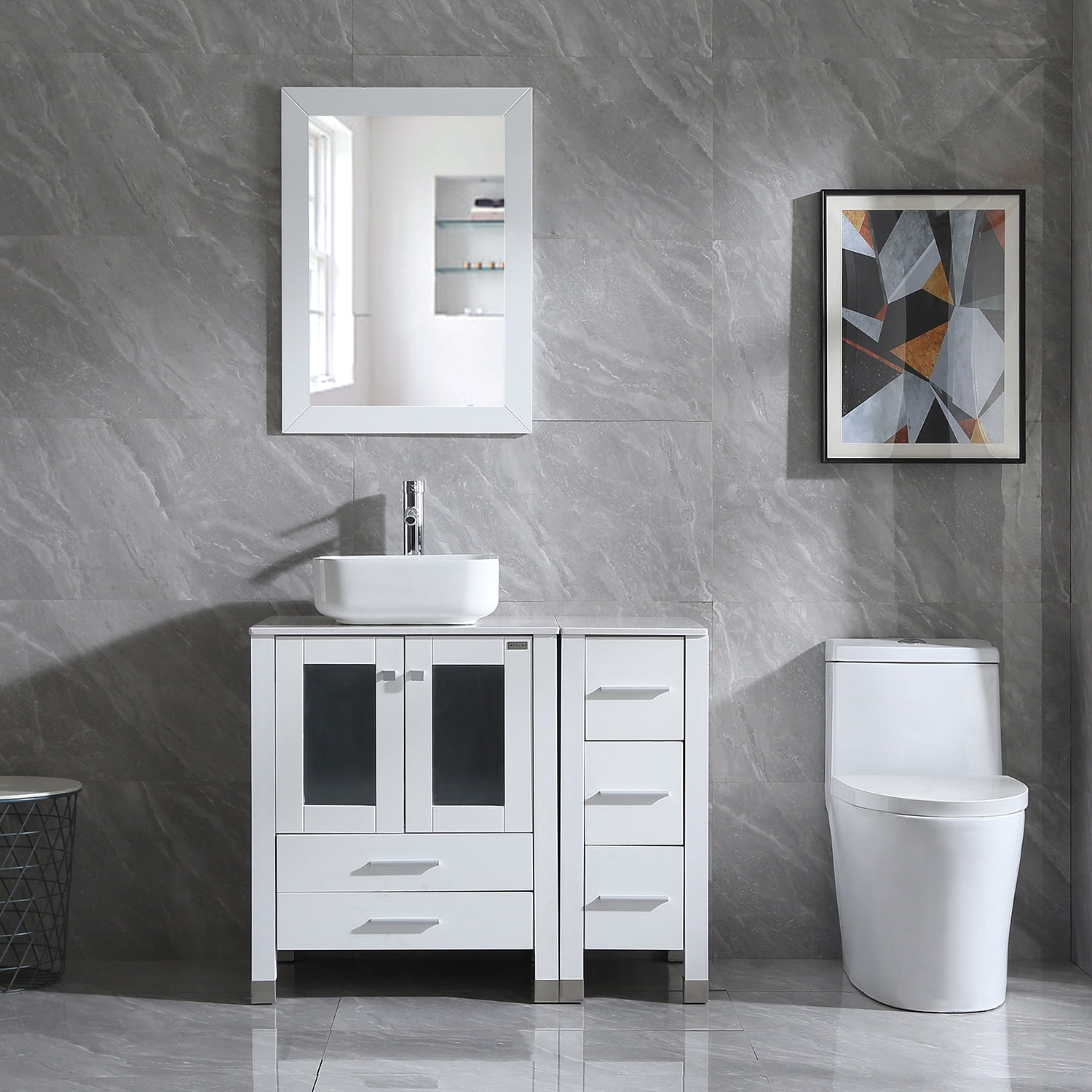 Wonline 36" Double Bathroom Vanity Set with Mirror White Round Bowl ...