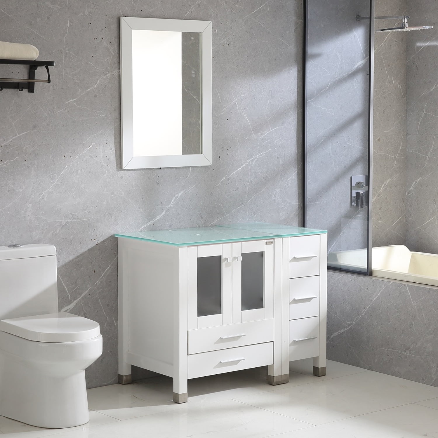 Wonline 36inch White Bathroom Vanity with Glass Countertop and Mirror ...