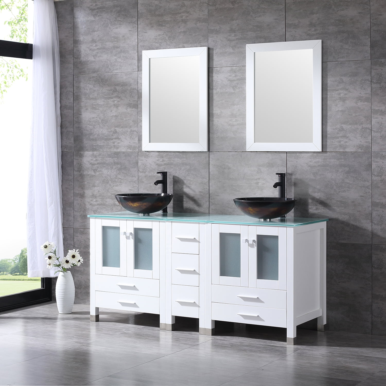 Wonline White 60 Bathroom Vanity Wood Cabinet W Glass Vessel Sink