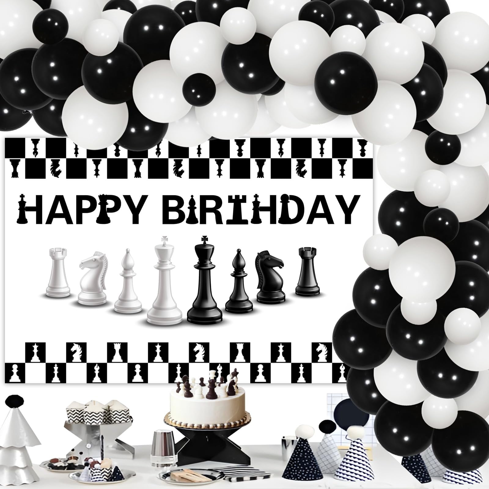Wonmelody Chess Birthday Decorations Chessboard Happy Birthday Backdrop ...