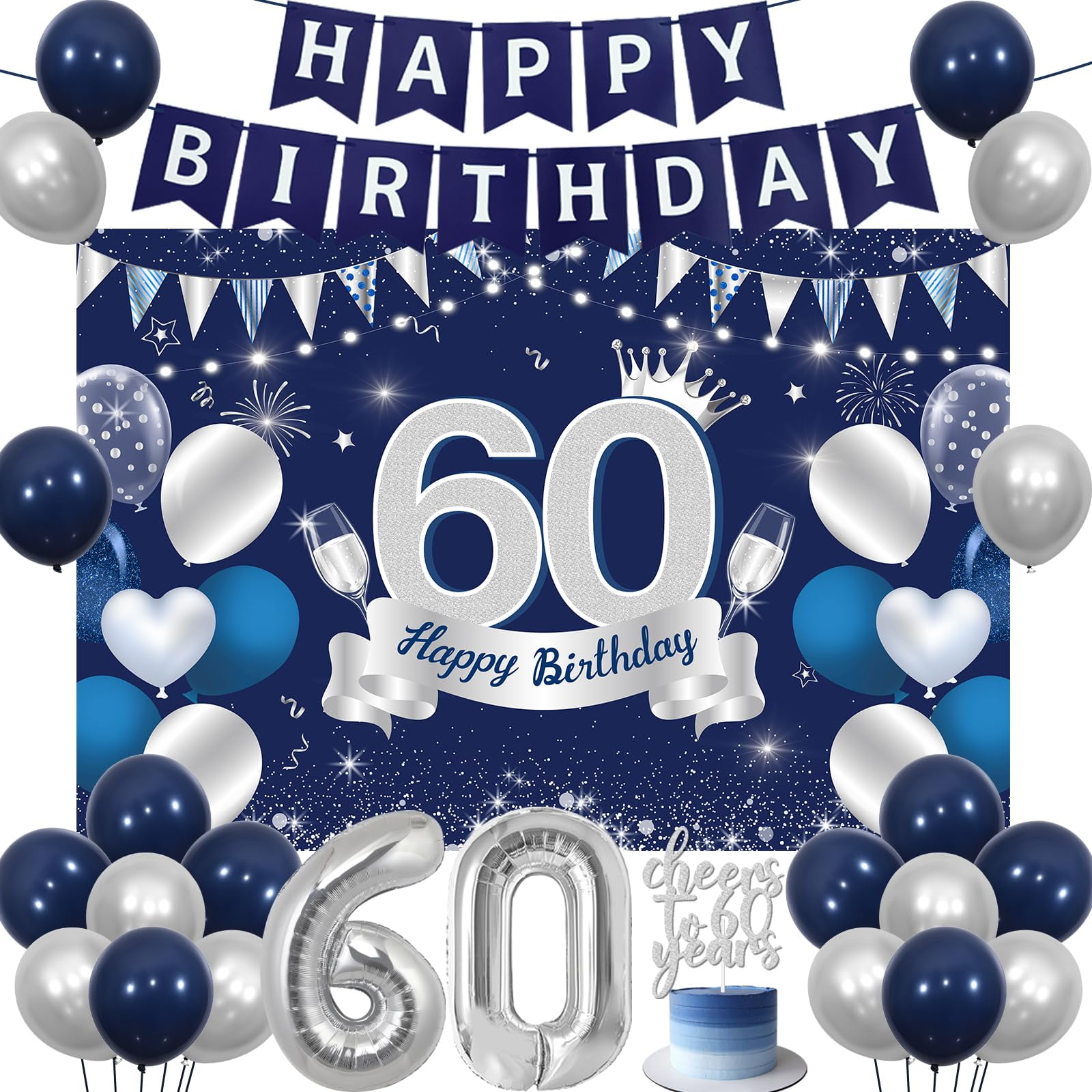 Wonmelody Navy Blue Silver YPF5 60th Birthday Decors for Happy 60th ...