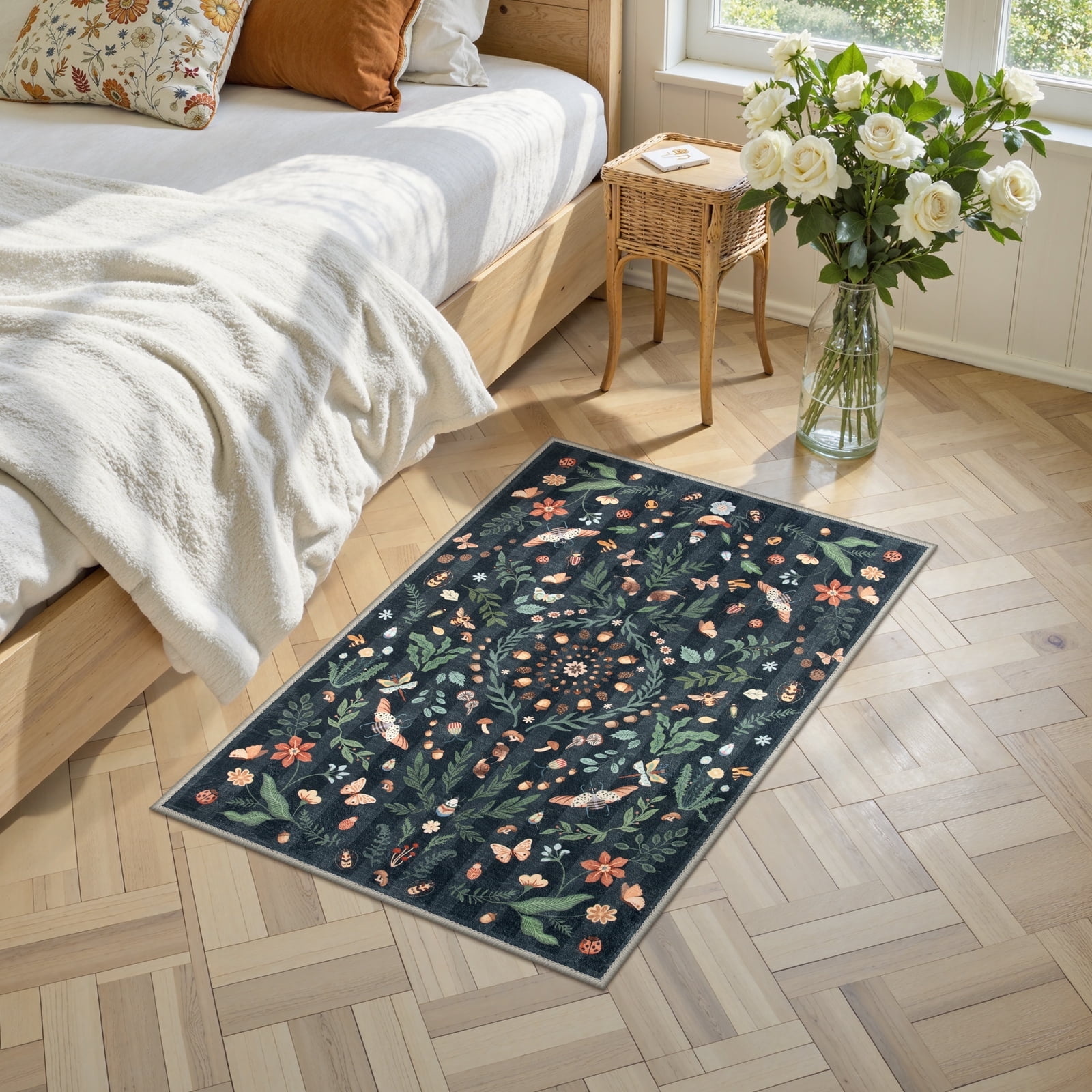 Wonnitar 2x3 Insect Floral Small Rugs for Entryway, Washable Black Boho ...