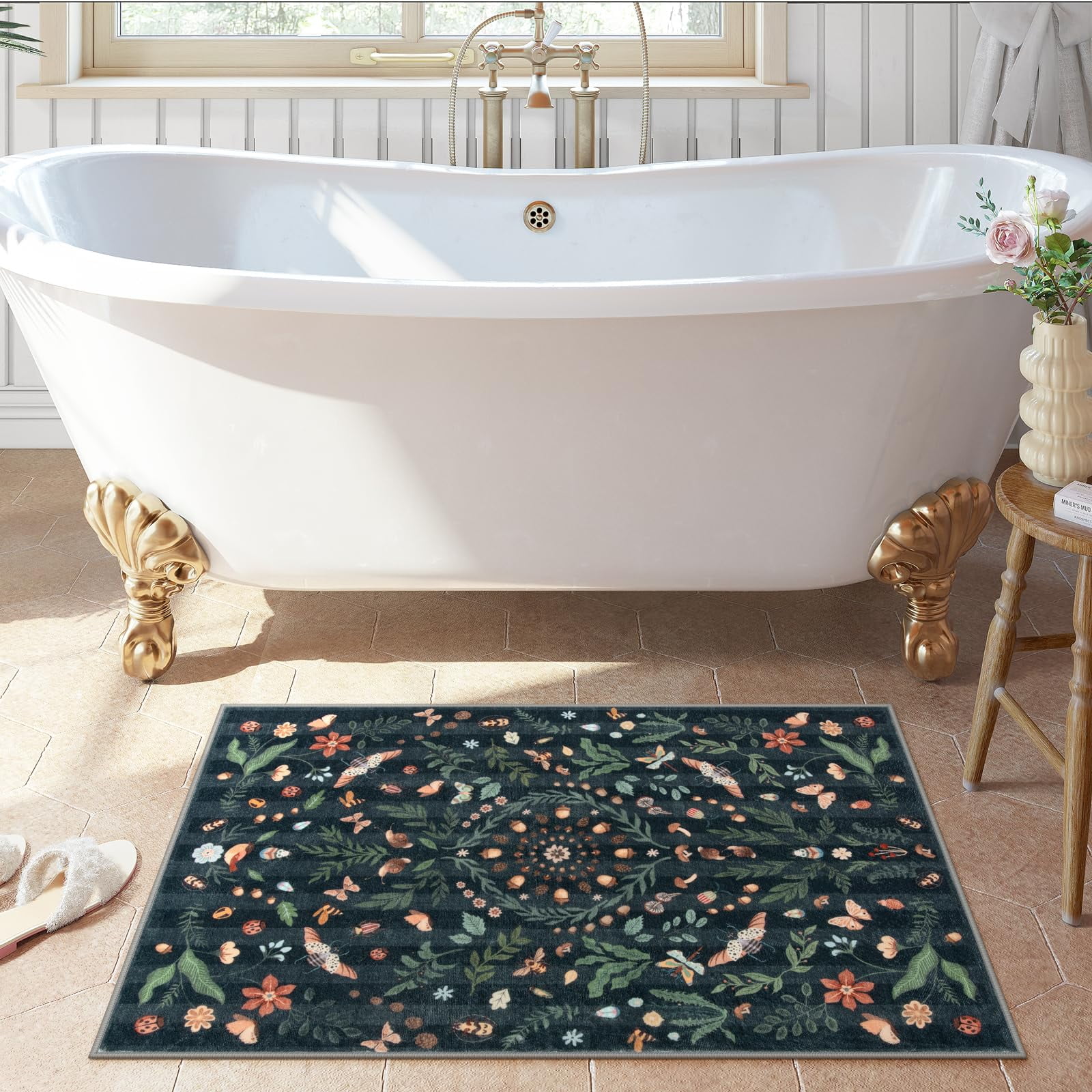 Wonnitar 2x3 Insect Floral Small Rugs for Entryway, Washable Black Boho ...