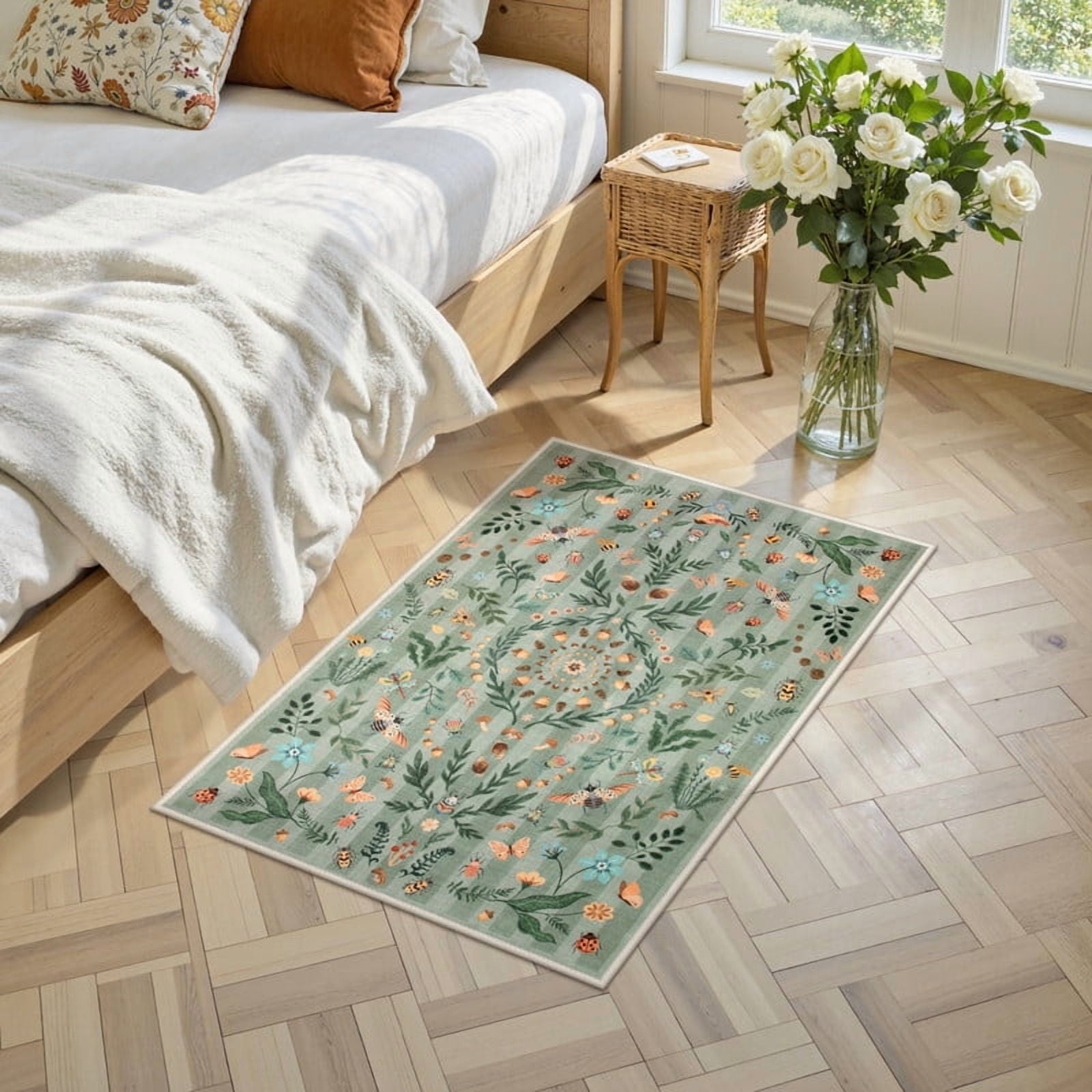 Wonnitar 2x3 Insect Floral Small Rugs for Entryway, Washable Green Boho ...