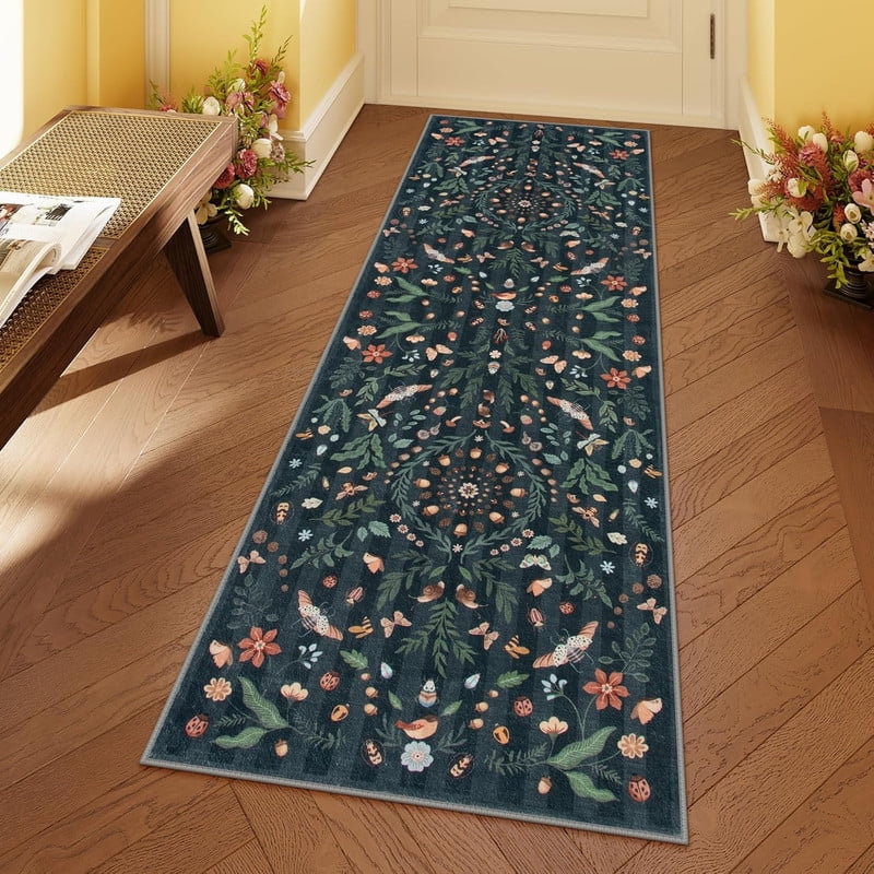 Wonnitar 2x6 Insect Kitchen Runner Rug, Ultra Thin Black Boho Floral ...