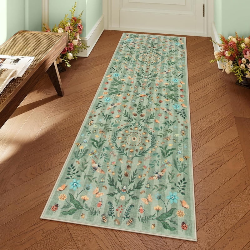 Wonnitar 2x6 Insect Kitchen Runner Rug, Ultra Thin Green Boho Floral ...
