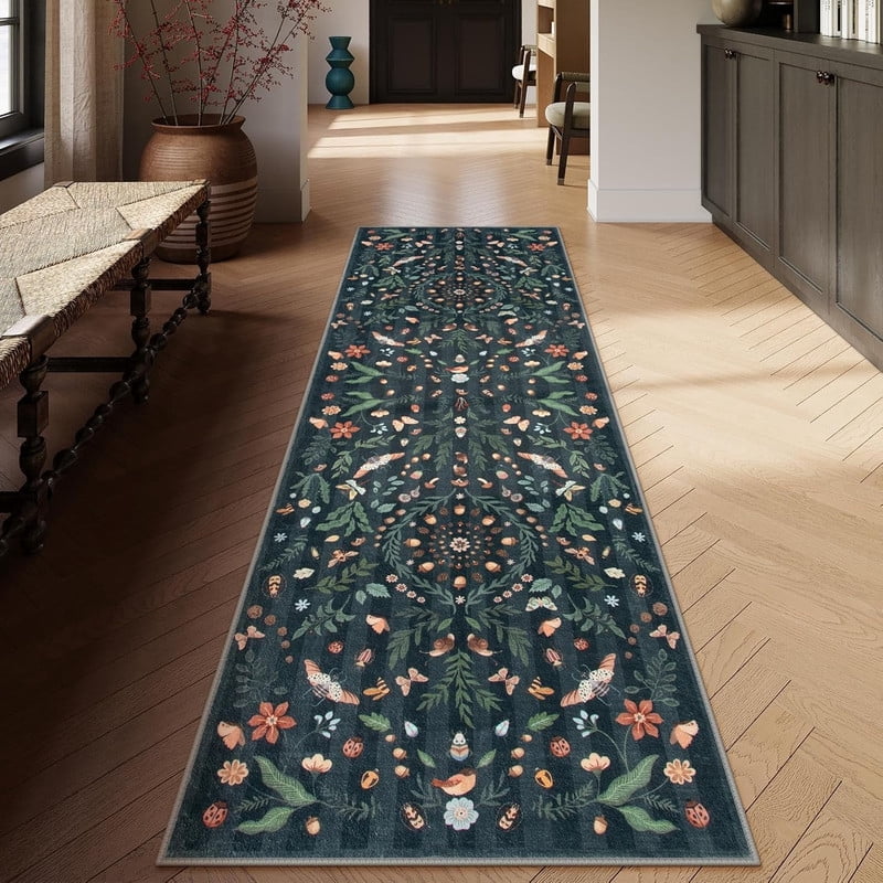 Wonnitar 2x8 Insect Kitchen Runner Rug, Ultra Thin Black Boho Floral ...