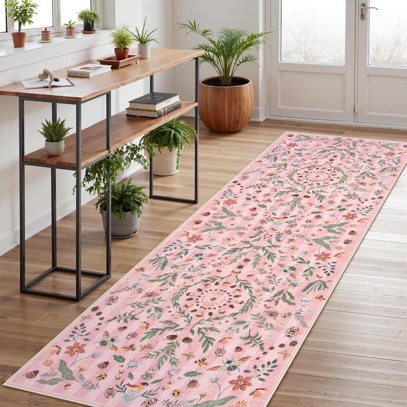 Wonnitar 2x8 Insect Kitchen Runner Rug, Ultra Thin Pink Boho Floral ...