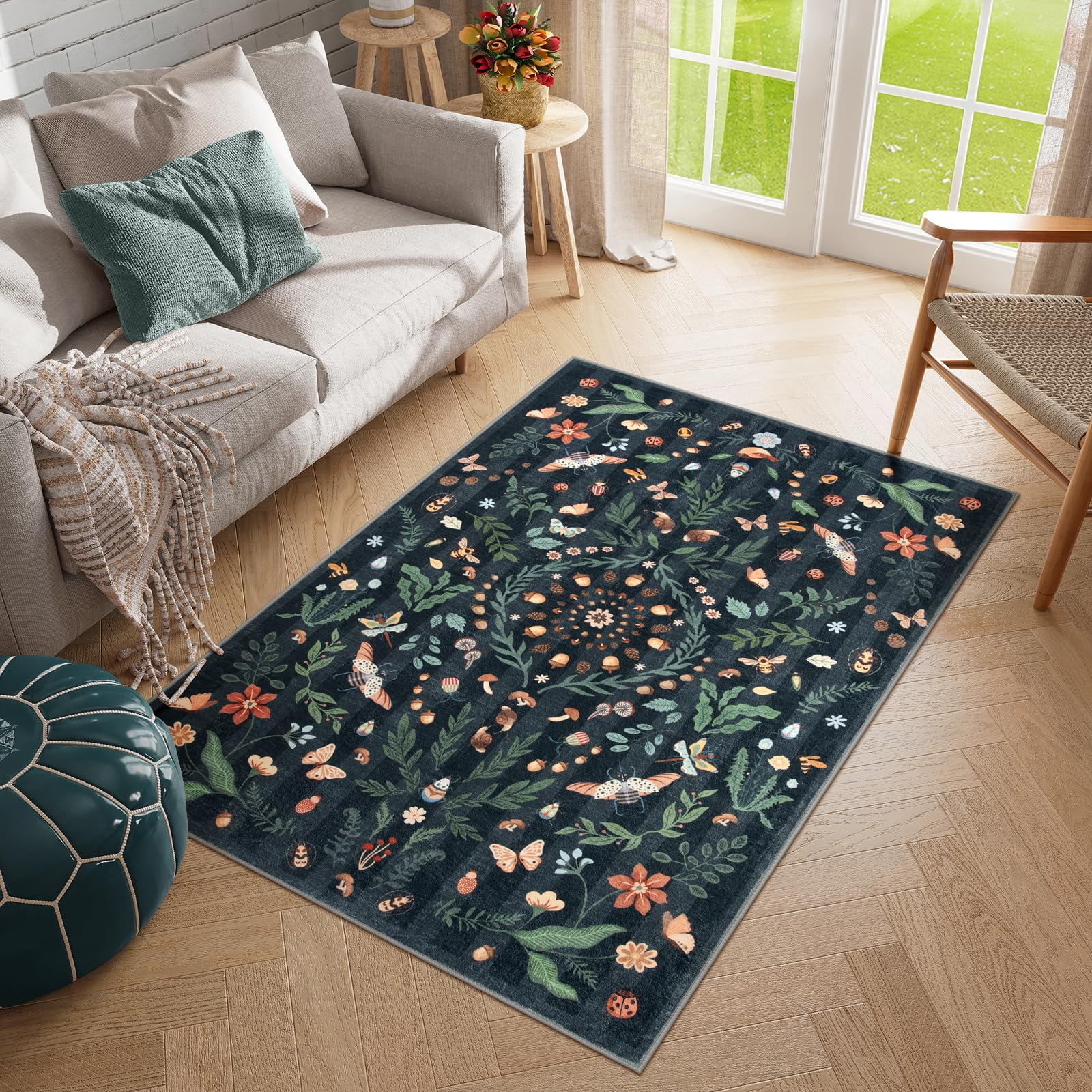 Wonnitar 3x5 Insect Washable Rugs for Entryway, Soft Black Boho Floral ...