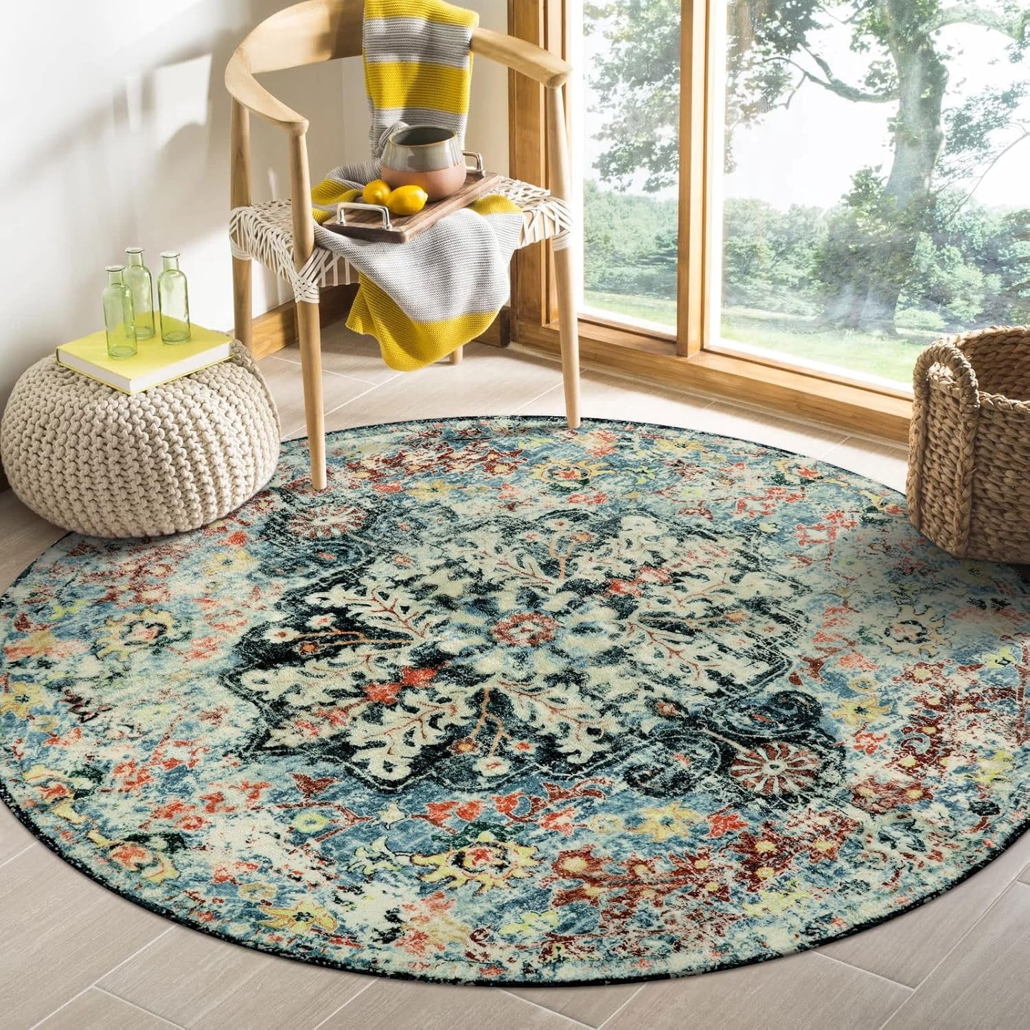 Wonnitar 4'Round Bohemian Medallion Rug,Oriental Distressed Small Round ...