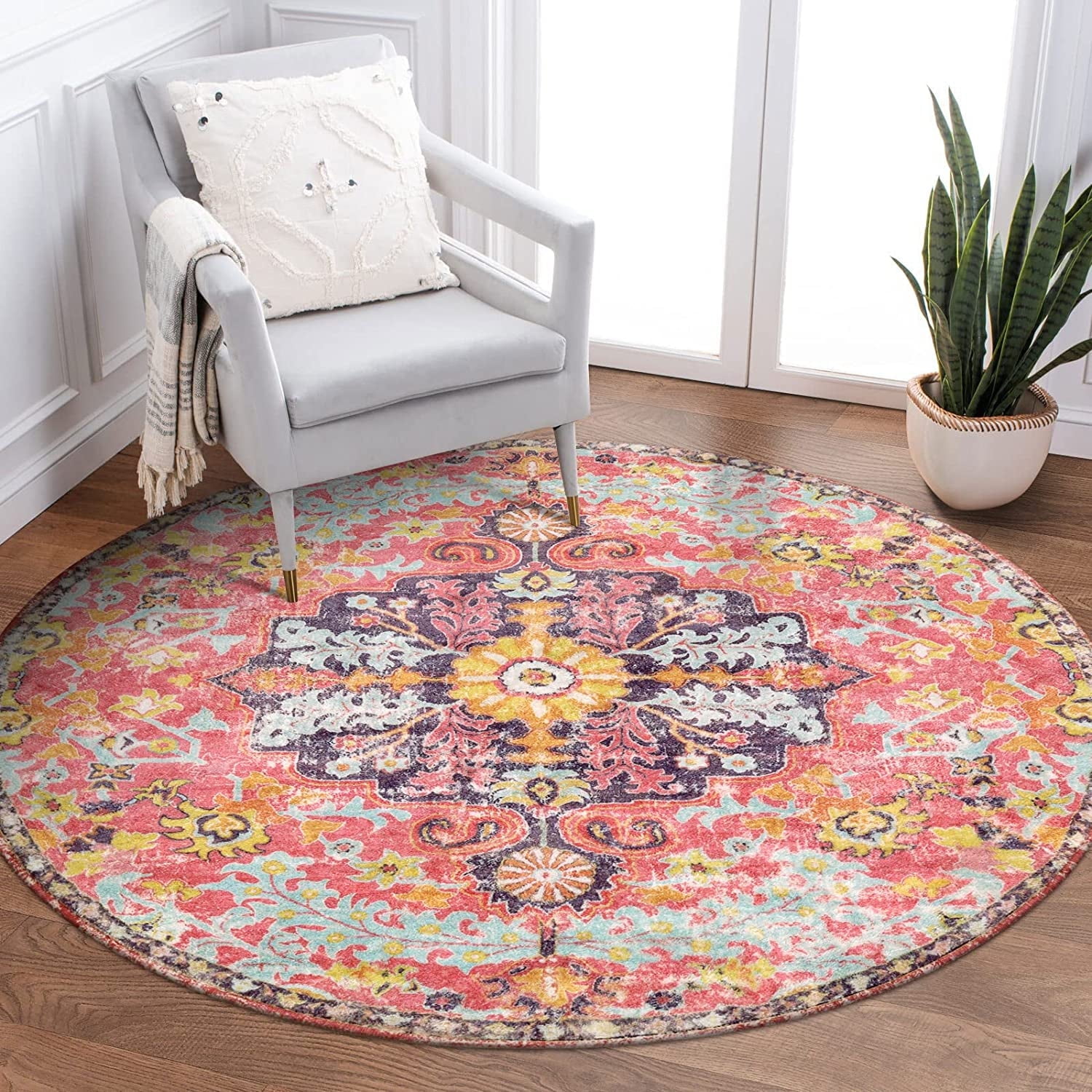 Wonnitar 4'Round Bohemian Medallion Rug,Oriental Distressed Small Round ...