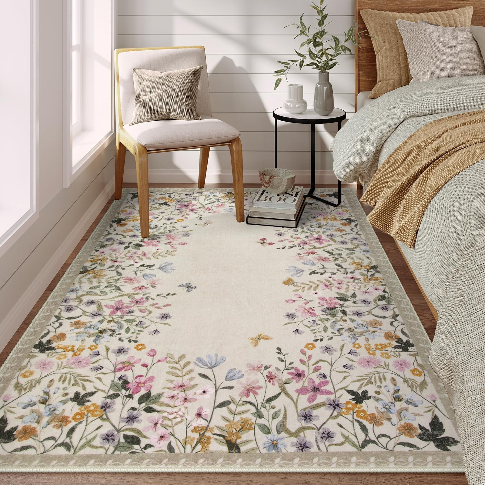 Wonnitar 4x6 Floral Washable Rug, Beige Rugs for Bedroom, Soft Low Pile ...