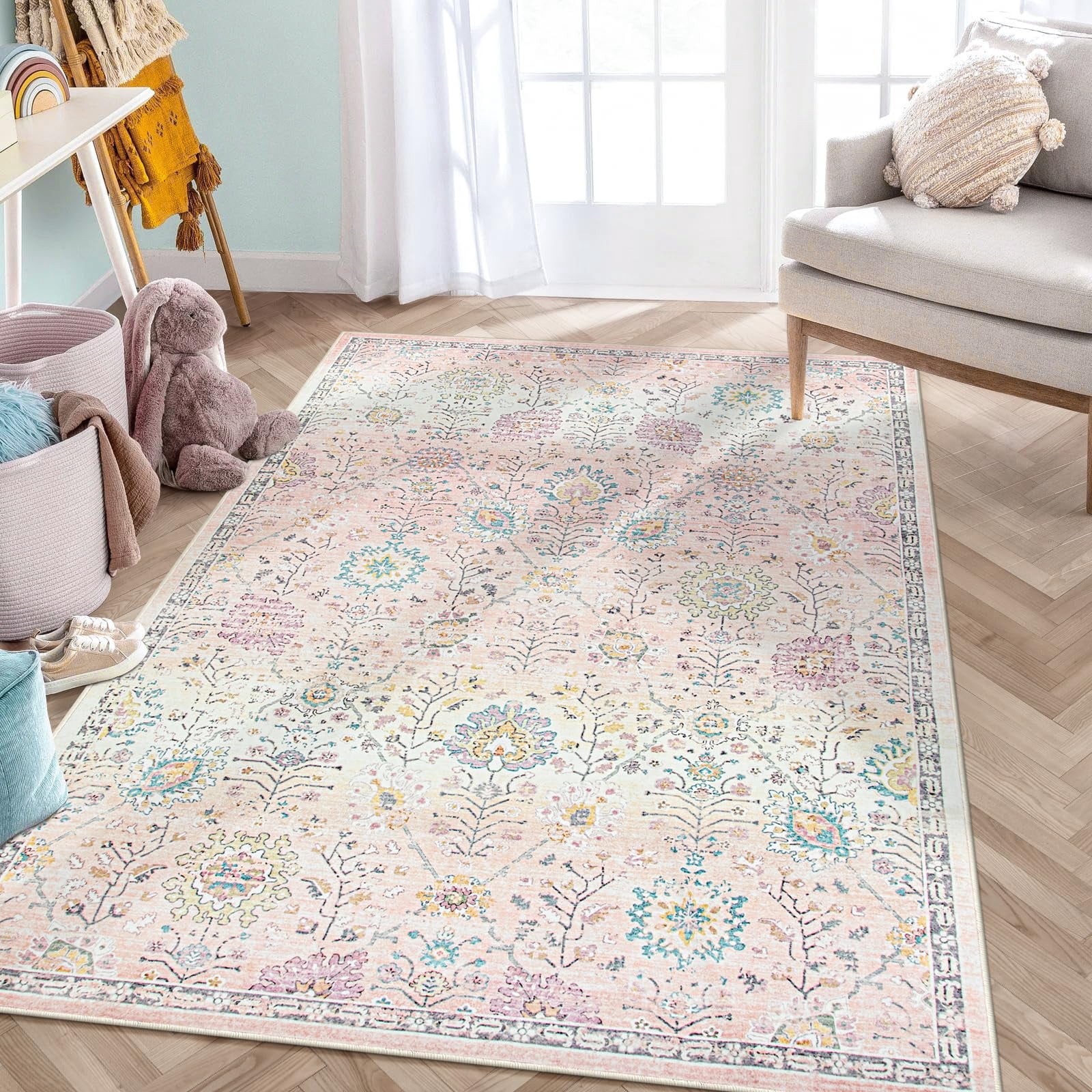 Wonnitar Pink Boho Area Rug 5'x7', Soft Faux Wool Washable Non-Slip ...