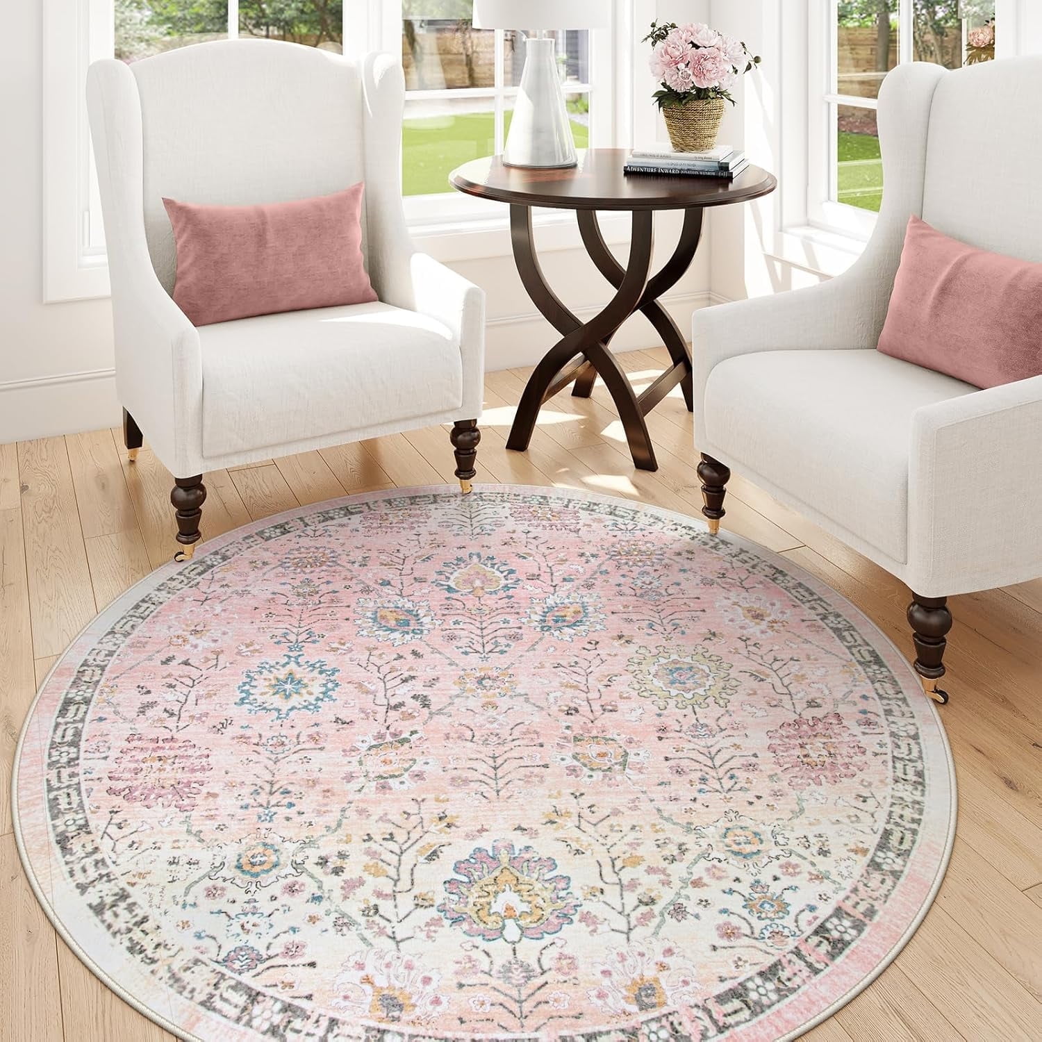 Wonnitar 6'Round Light Pink Boho Rug, Circle Washable Rug for Playroom ...