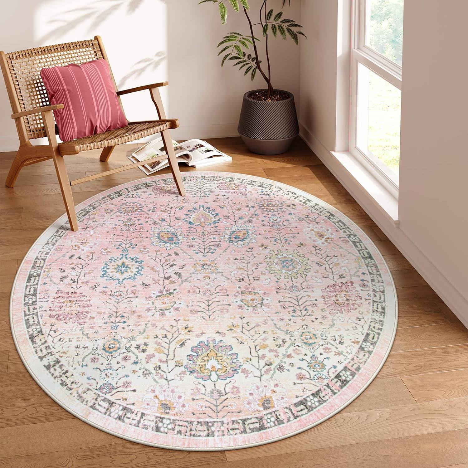 Wonnitar 6'Round Light Pink Boho Rug, Circle Washable Rug for Playroom ...