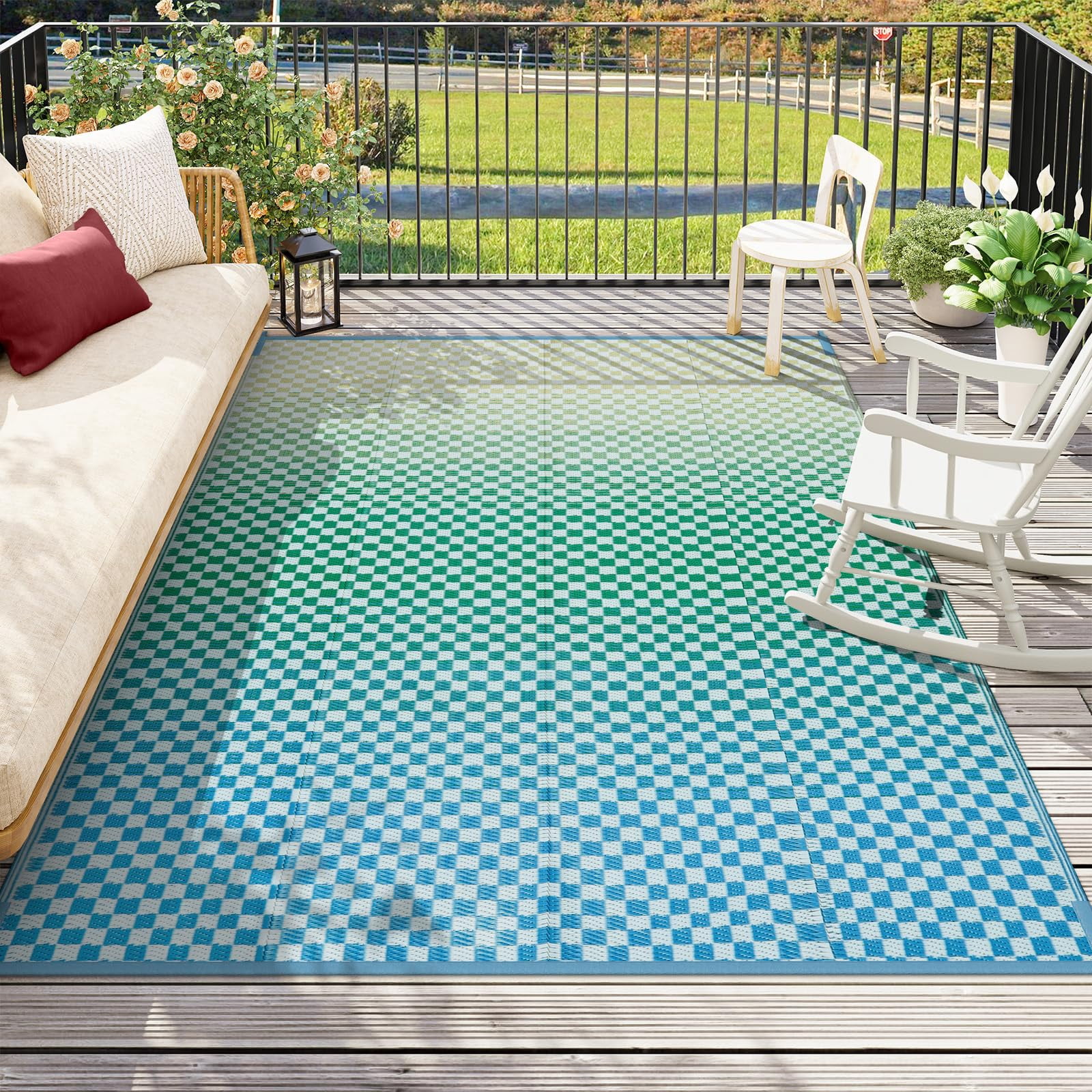 Wonnitar 8x10 Waterproof Outdoor Rugs - Blue Yellow Ombre Checkered ...