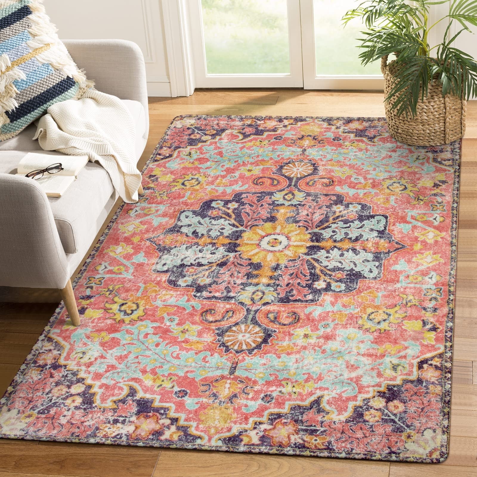 Wonnitar Bohemian Floral Medallion Area Rug - 4x6 Hot Pink Entryway Rug ...