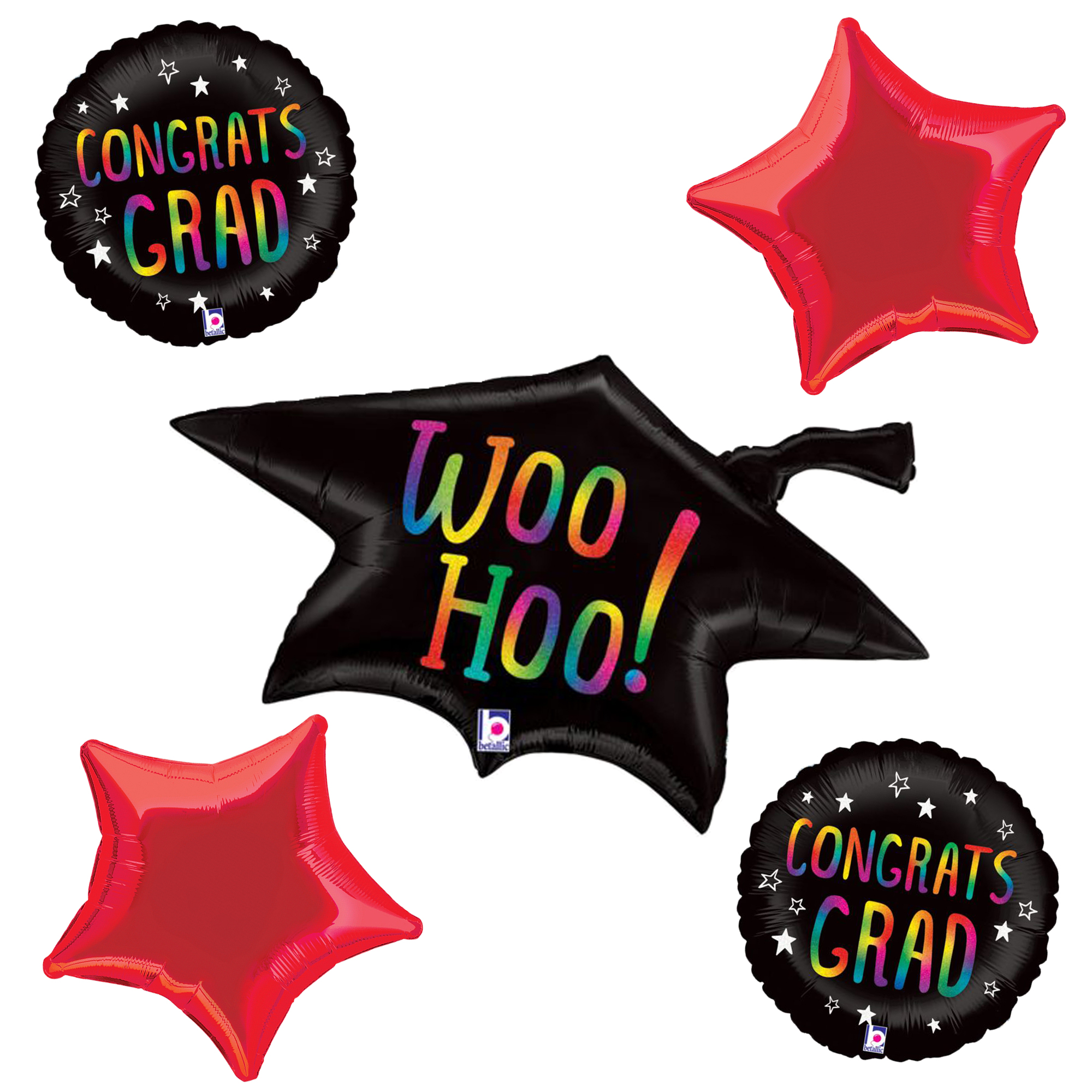 Woo Hoo Congrats Grad Cap Holographic School 5pc Balloons, Red Black ...