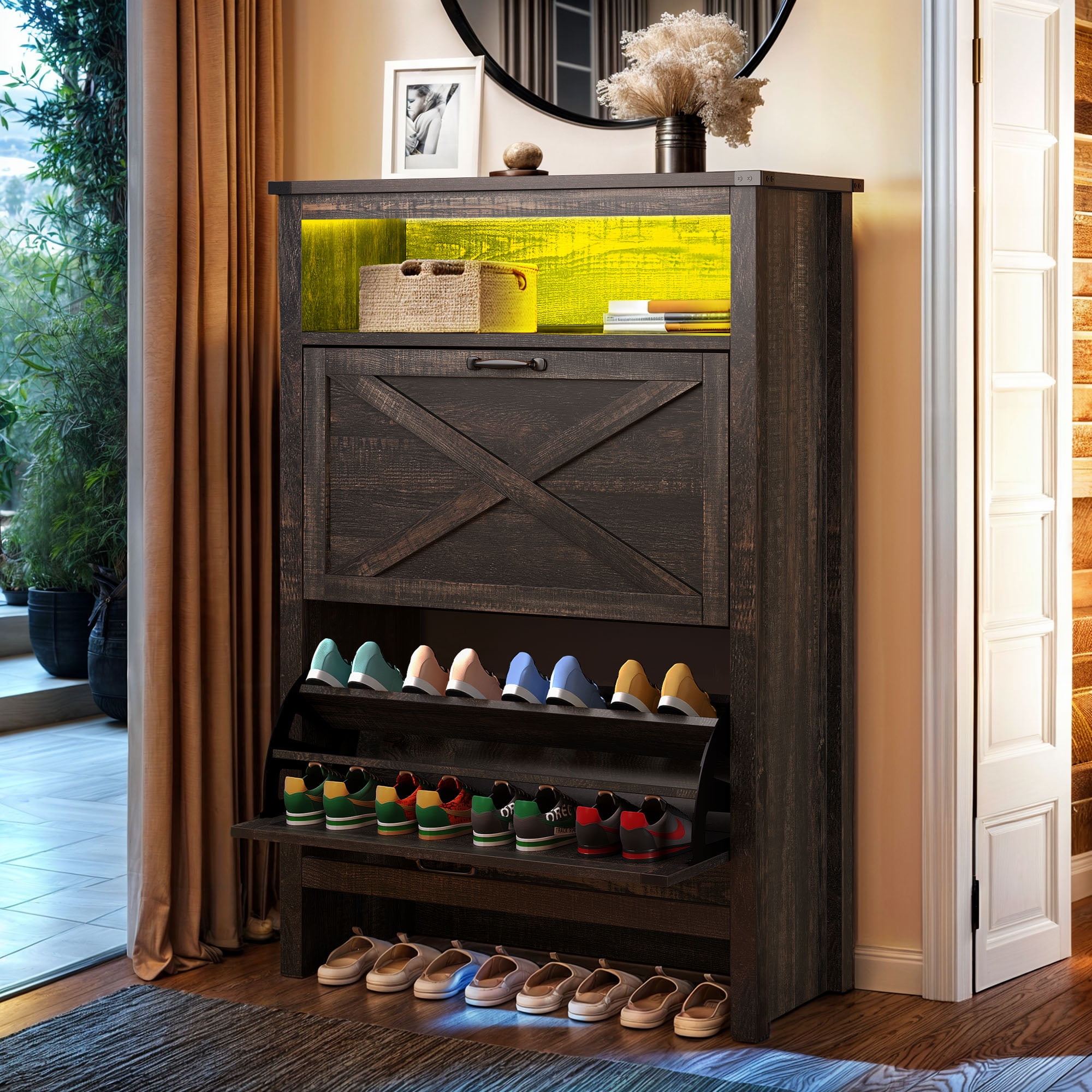 ModFusion Sneaker Cabinet with 2 Flip Drawers, Open Shelves & LED Light ...