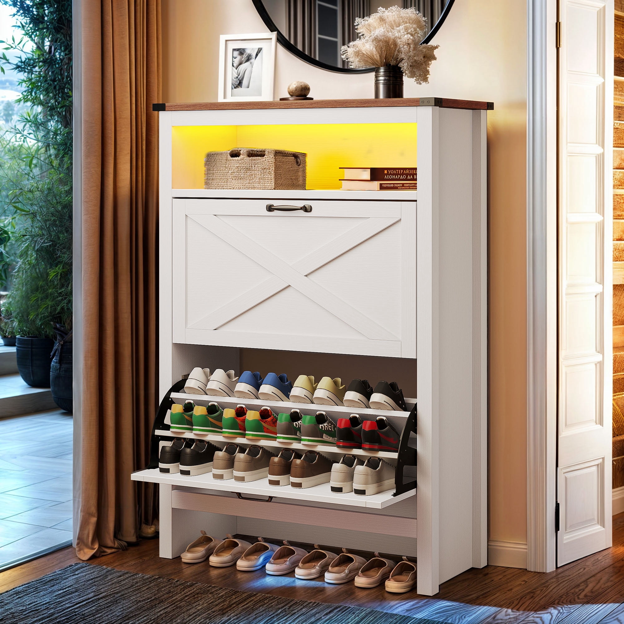 WooFlex Sneaker Cabinet Shoe Rack Storage Organizer with 2 Flip Drawers ...