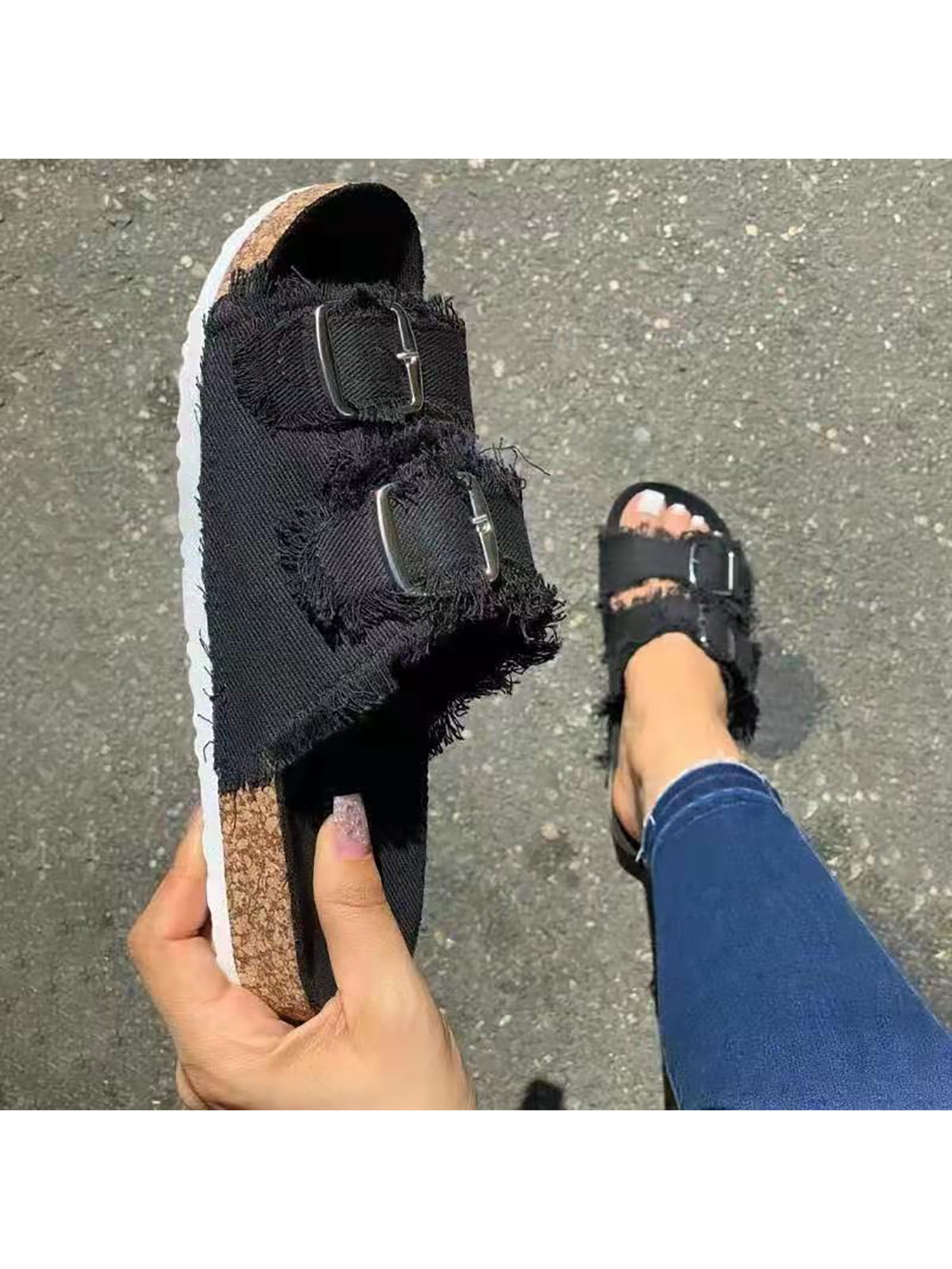 Woobling Women's Casual Buckle Straps Slides Sandals Open Toe Footbed ...