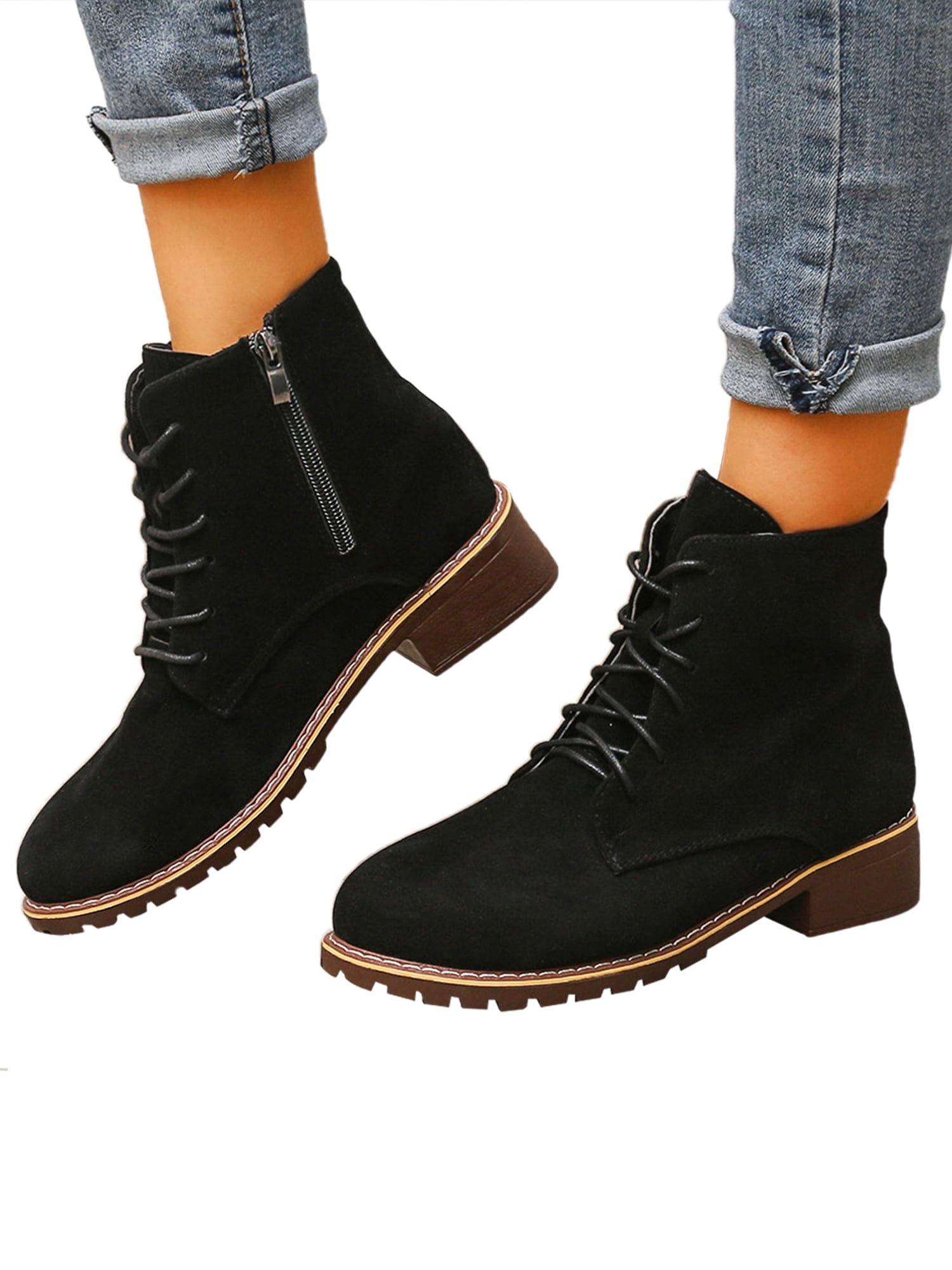 Woobling Womens Low Heel Ankle Boots Western Cowgirl Thick Rubber ...