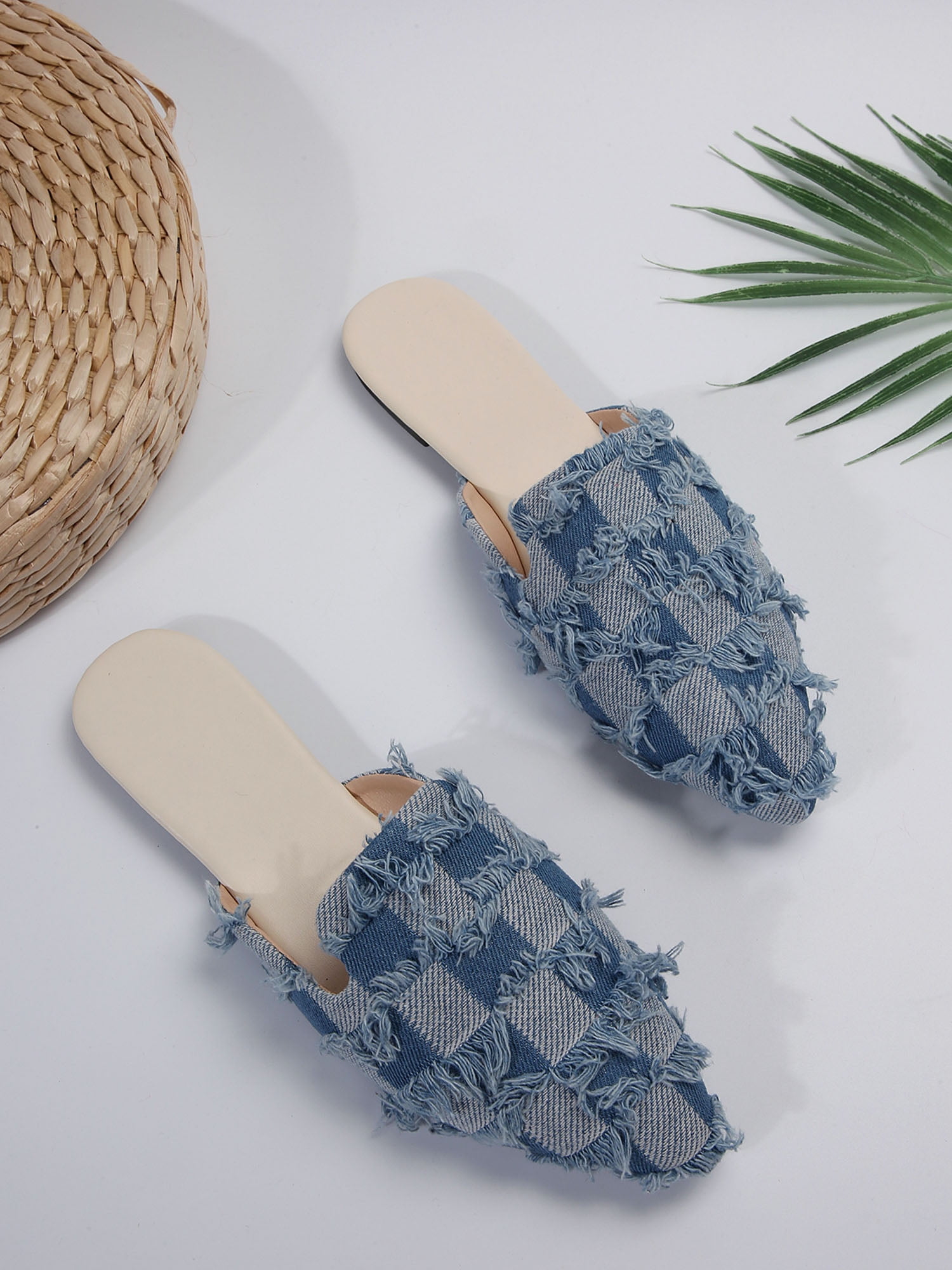 Woobling Womens Mules Flats Slip On Flat Slides Pointed Toe Backless ...