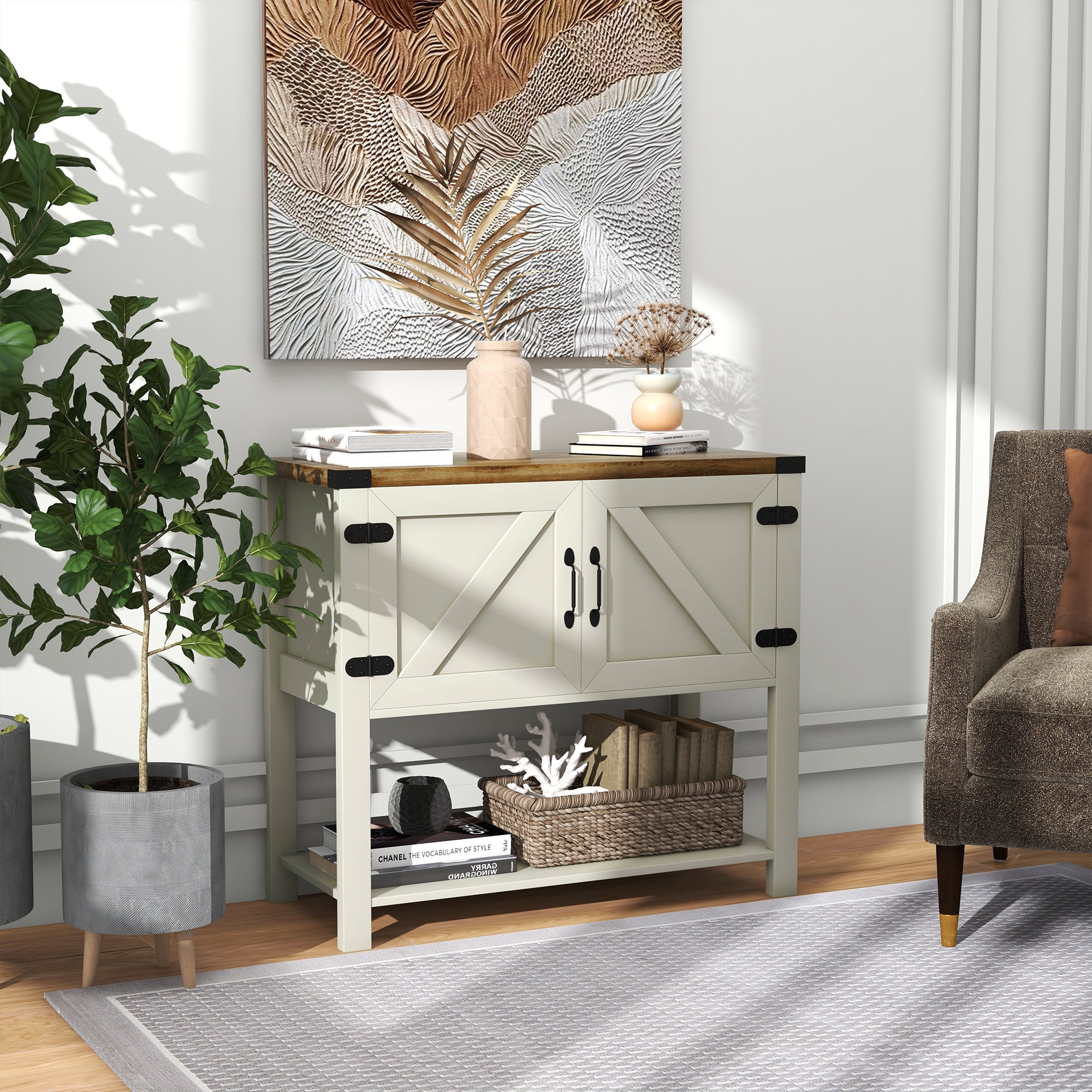 Wood 2-Door Free Standing Storage Hutch Cabinet with Bottom Shelf ...