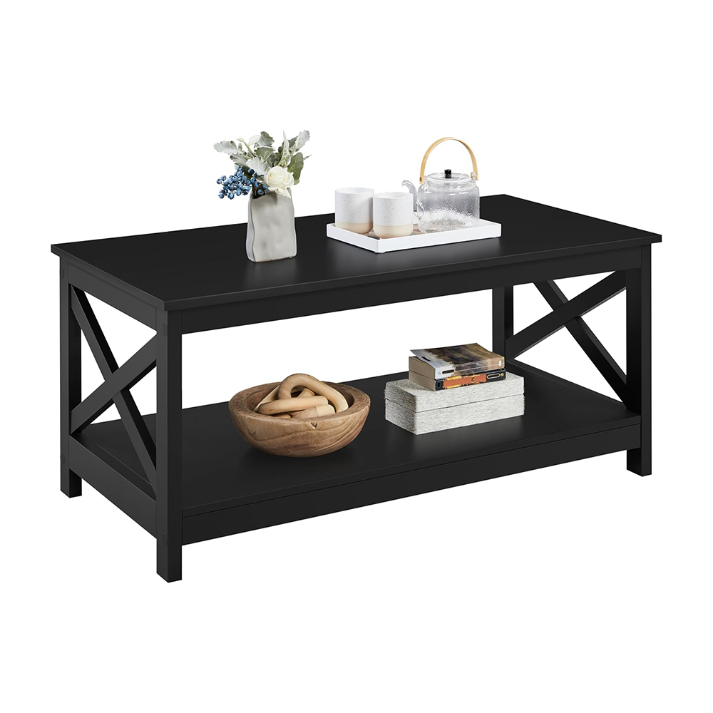 Wood 2-Tier Coffee Table with Storage Shelf, Accent Cocktail Table ...