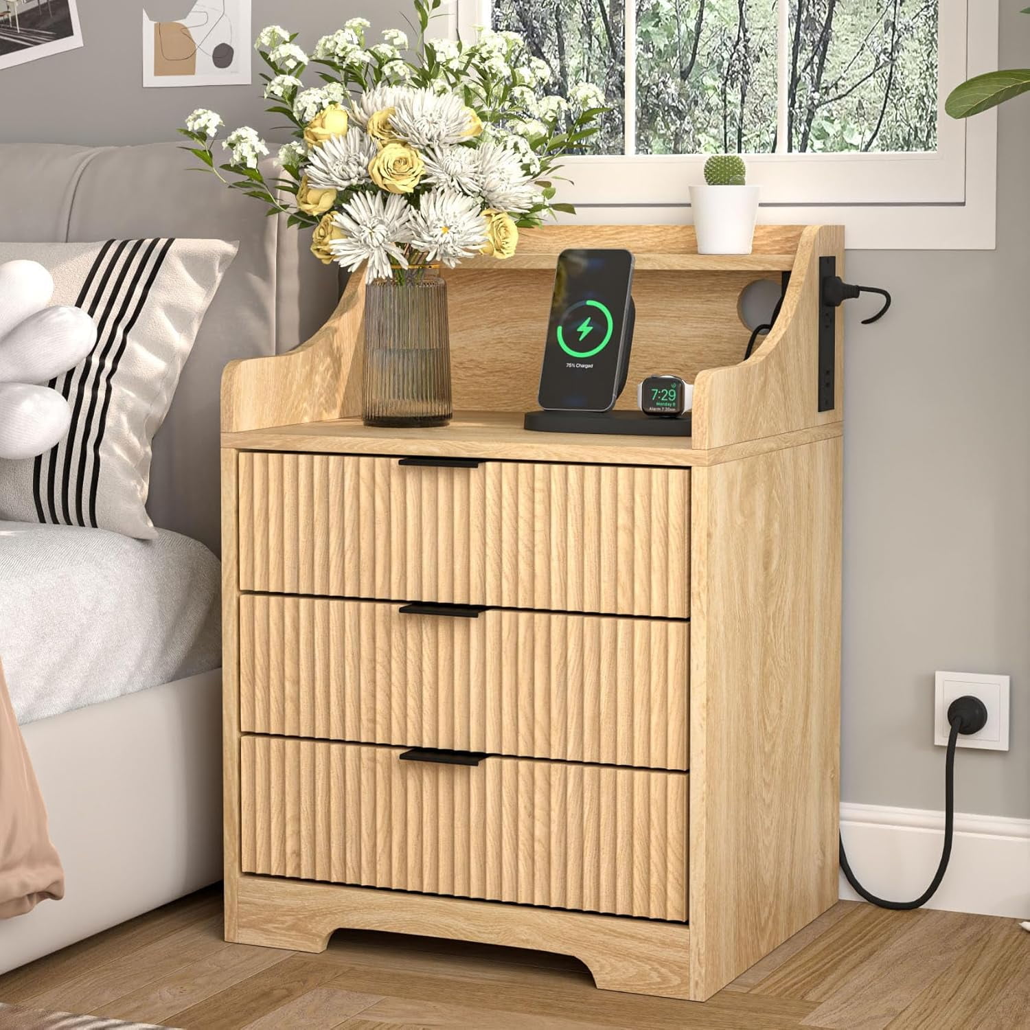 Wood 3 Drawer Nightstand, Fluted Nightstand with Charging Station, Mid ...