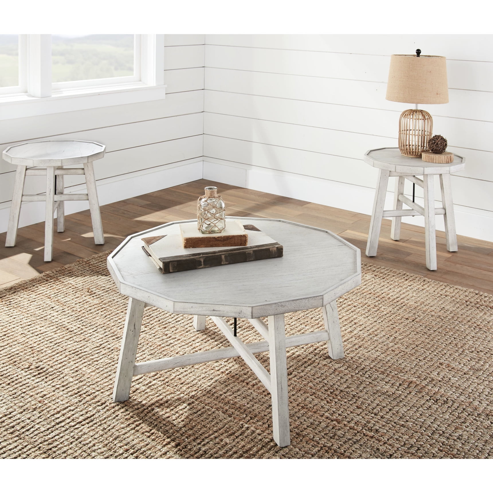 Wood 3 Piece Occasional Table Set in White with Dodecagon Shape and ...