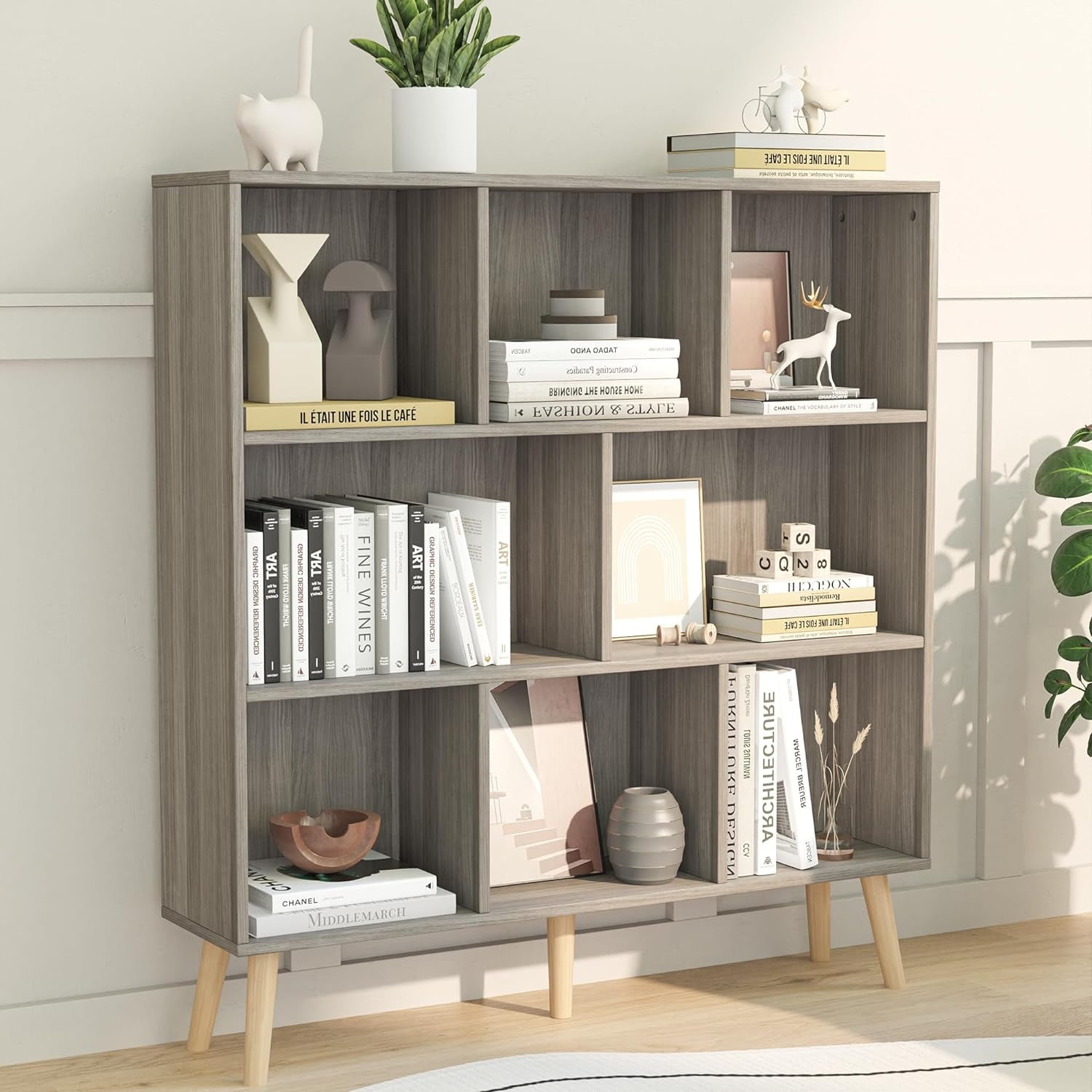 Wood 3 Tier 5 Cubes Free Standing Bookshelf with Legs Display Bookcase ...
