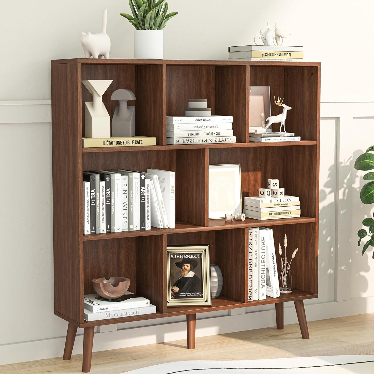 Wood 3 Tier 5 Cubes Free Standing Bookshelf with Legs Display Bookcase ...
