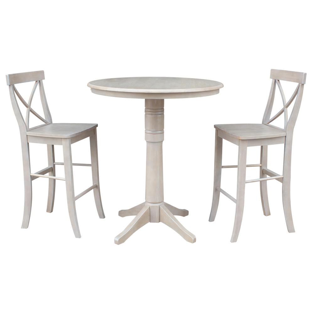 Wood 36" Round Bar Table and 2 X-back Stools in Washed Gray Taupe - Set ...