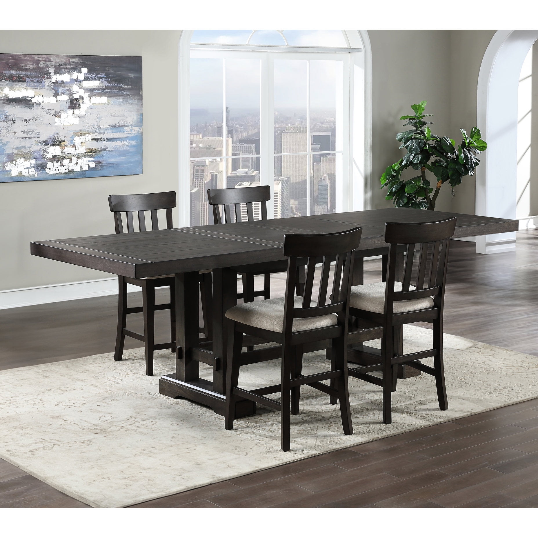 Wood 5 Piece Dining Set with Double Pedestal Base and Plank - effect ...