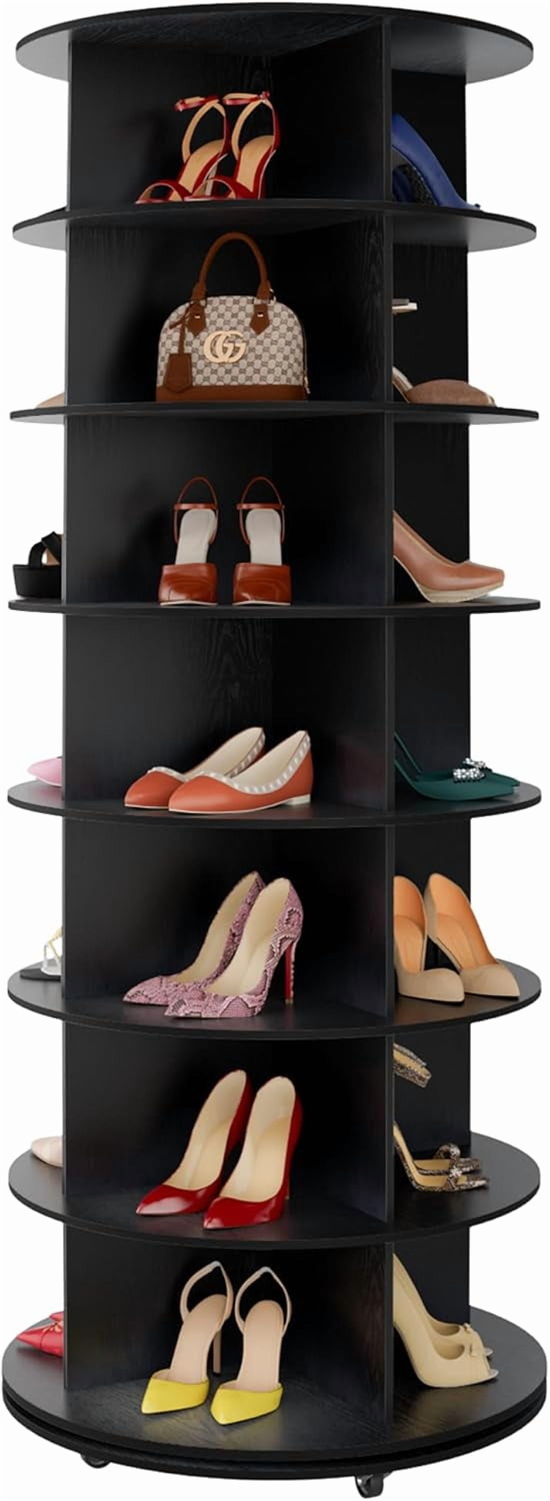 Wood 7-Tier Rotating Shoe Rack Tower, 360 with Wheels, Shoe Tree ...