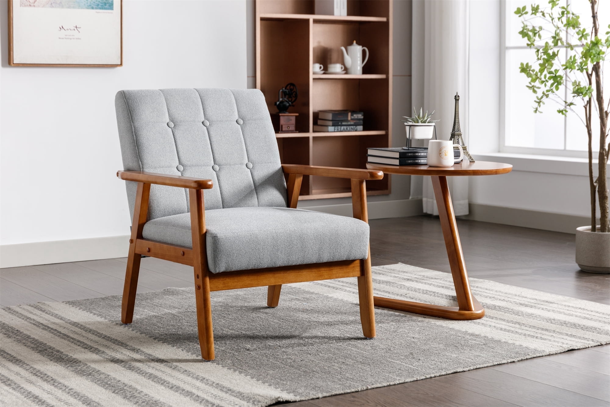 Wood Accent Chair, Mid-Century Leisure Chair with Solid Wood Armrest ...