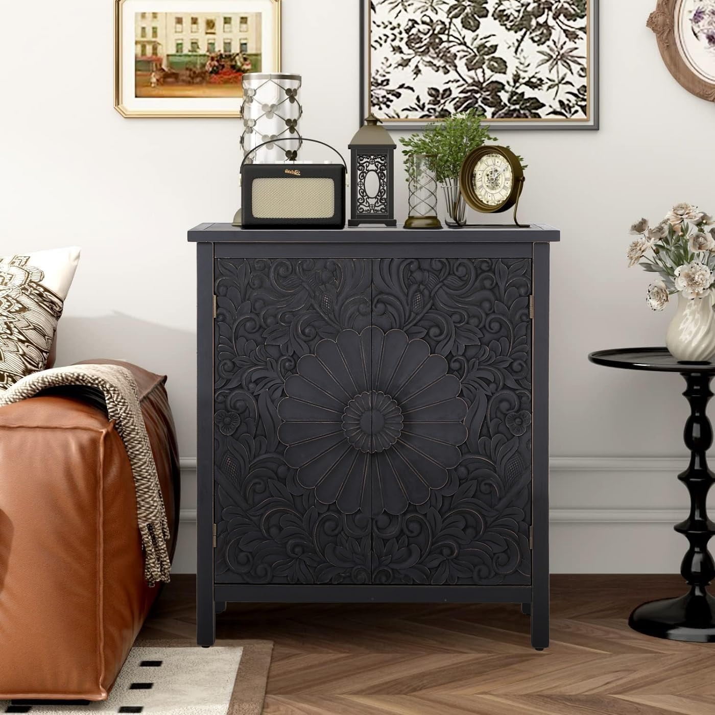 Wood Accent Storage Cabinet with 2 Doors Farmhouse Tree Pattern ...
