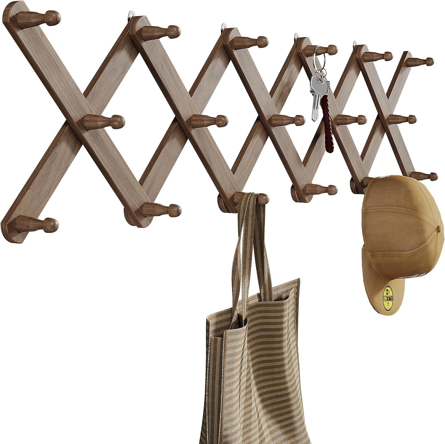 Wood Accordion Wall Hanger, Expandable Coat Rack Wall Mount with 17 ...