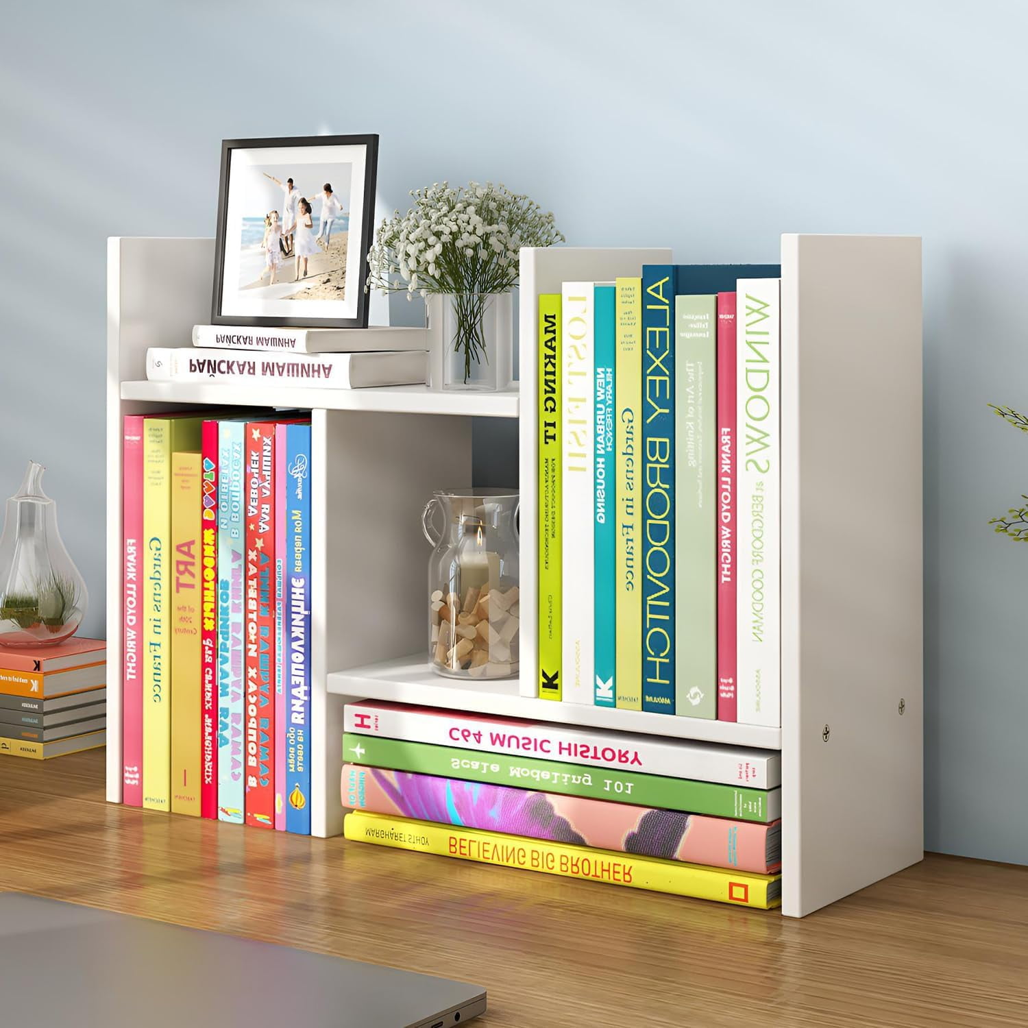 Wood Adjustable Small Desktop Bookshelf, Expandable Storage Organizer ...