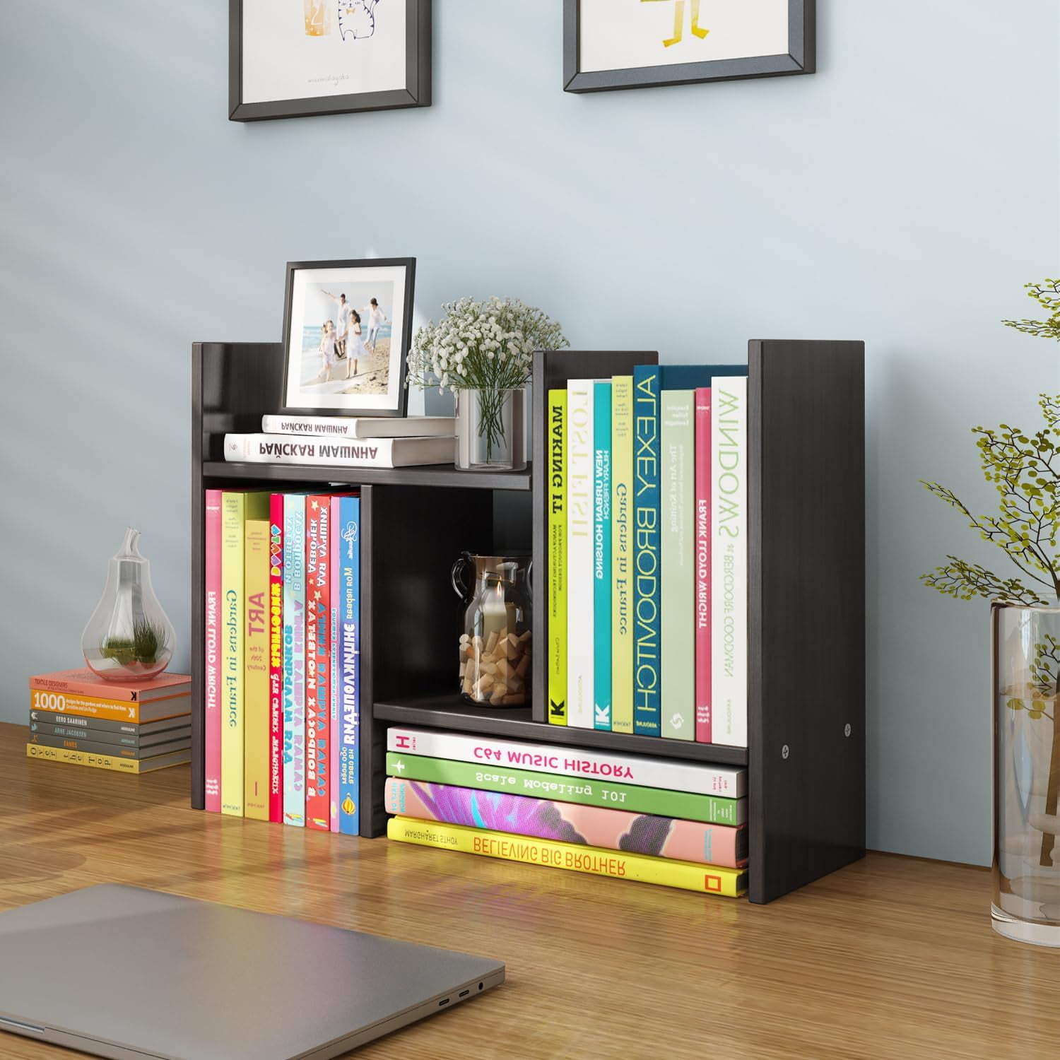 Wood Adjustable Small Desktop Bookshelf, Expandable Storage Rack ...
