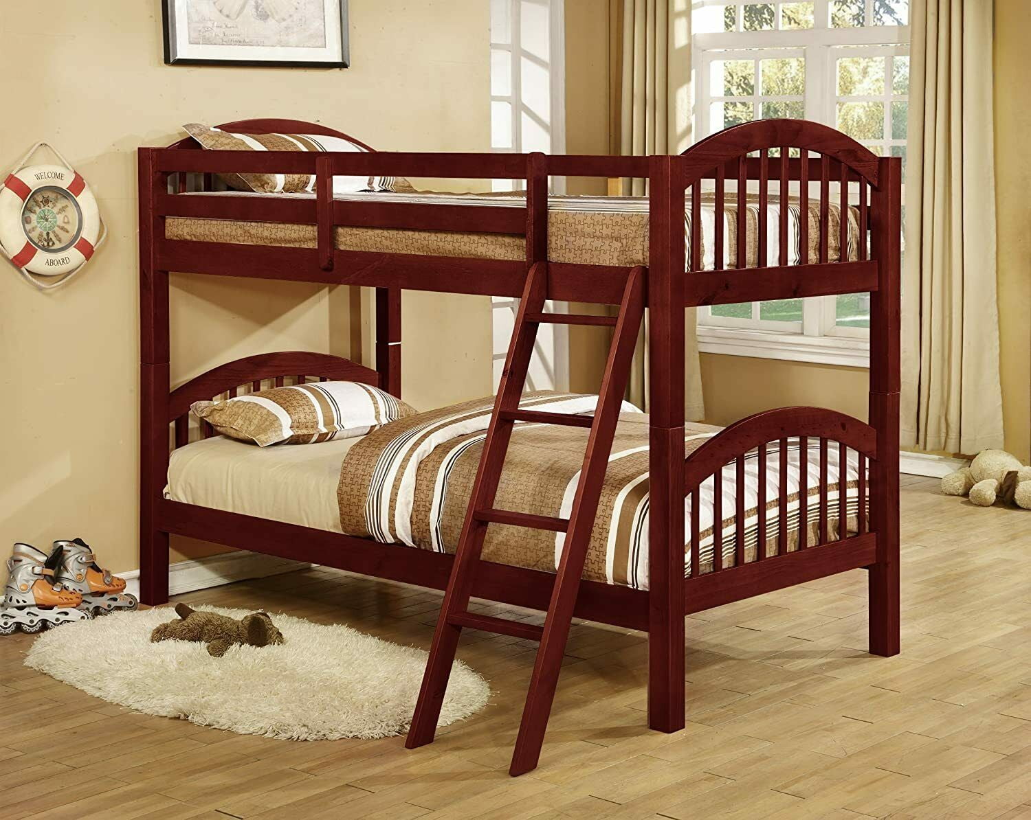 Wood Arched Design Convertible Twin Over Twin Bunk Bed Cherry Finish ...