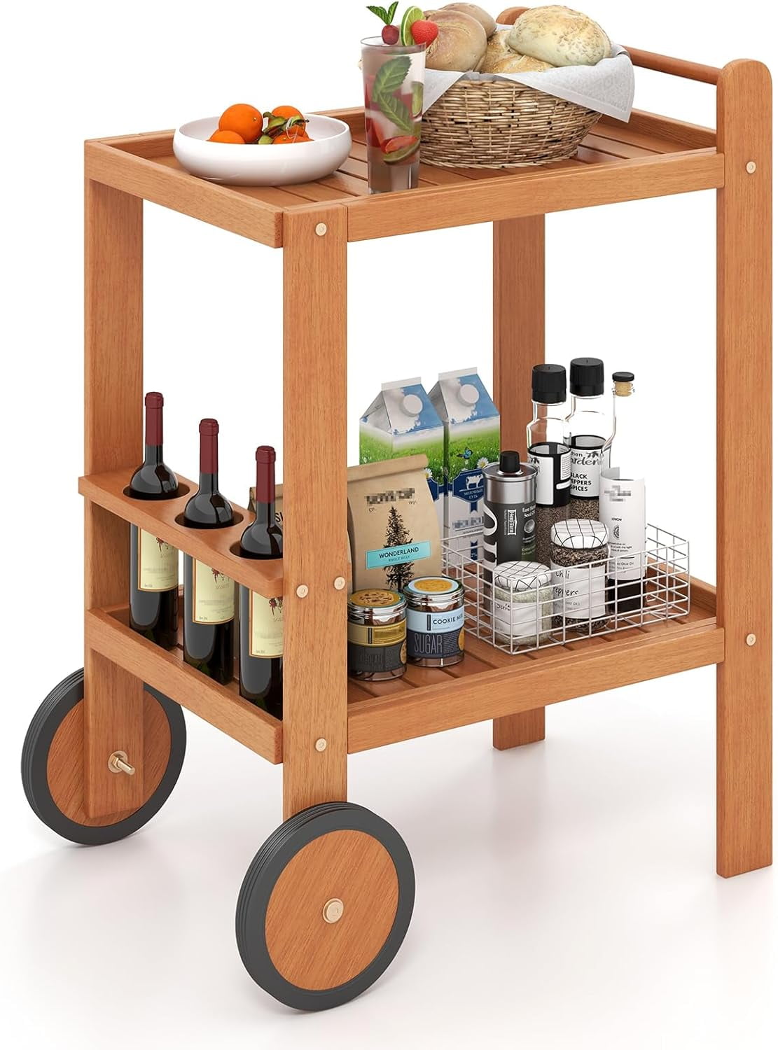 Wood Bar Cart, Outdoor Indoor 2 Tier Rolling Serving Cart with Wine ...