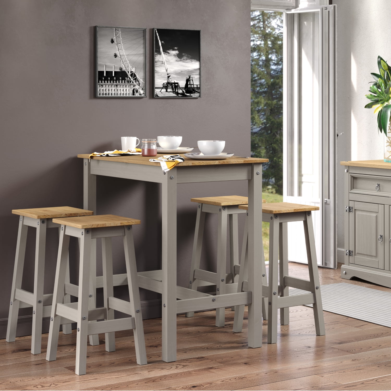 Wood Bar Height Dining Set of Drop Leaf Table and 4 Stools Corona Gray ...