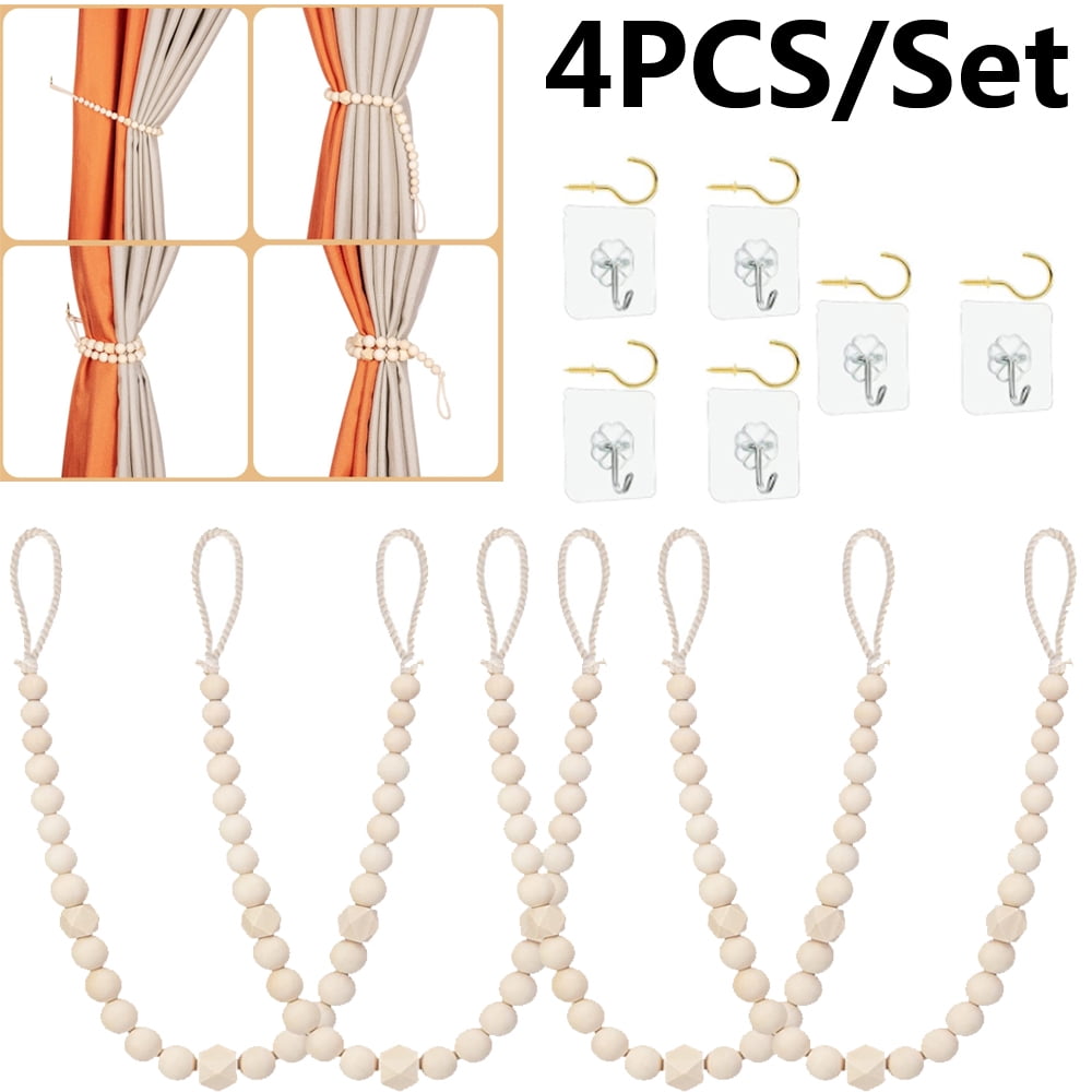 Wood Bead Curtain Tiebacks, Set of 4 Curtain Holdbacks for Thin or ...